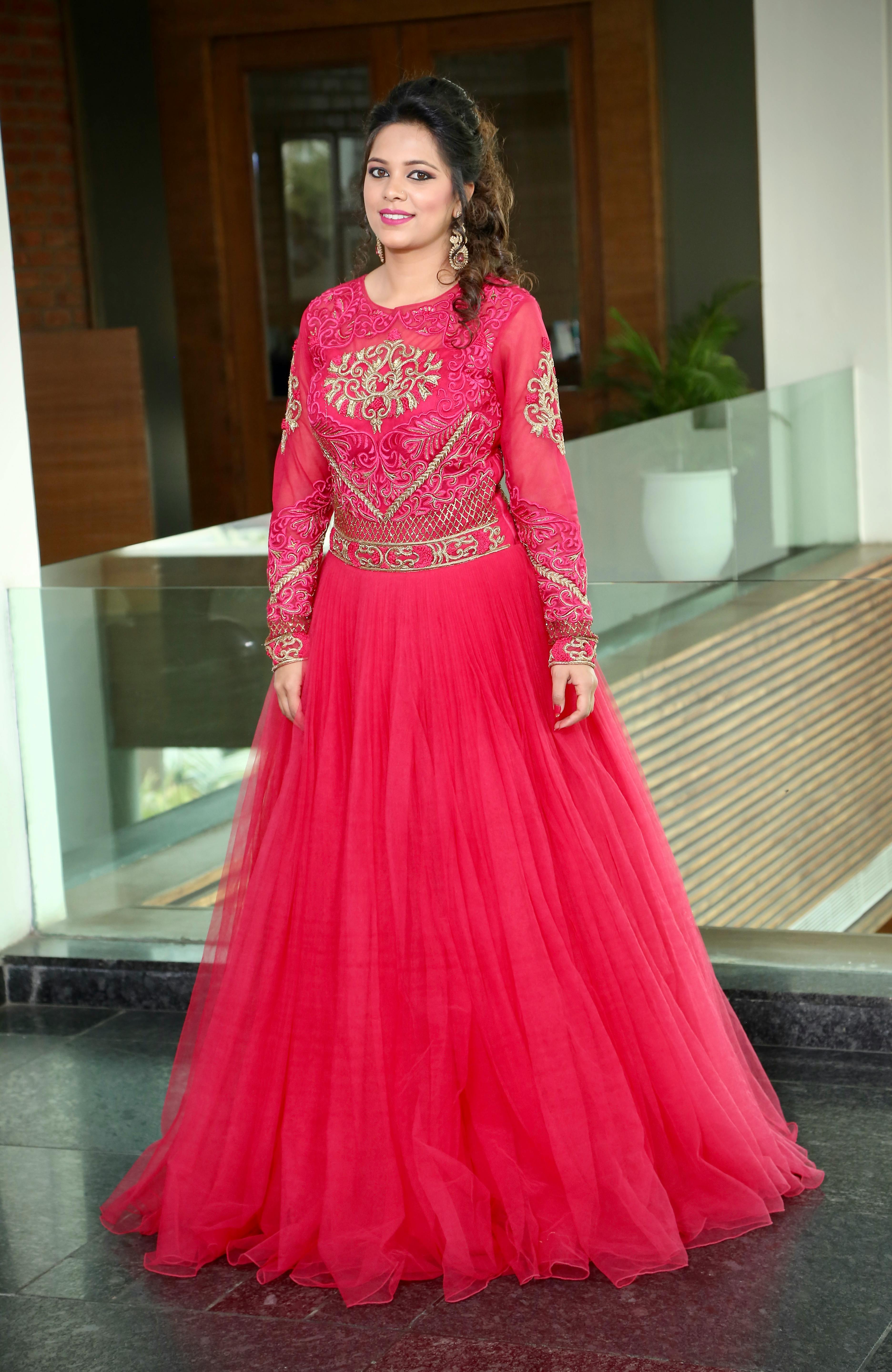 Woman in Elegant Red Gown by Indoors Staircase · Free Stock Photo