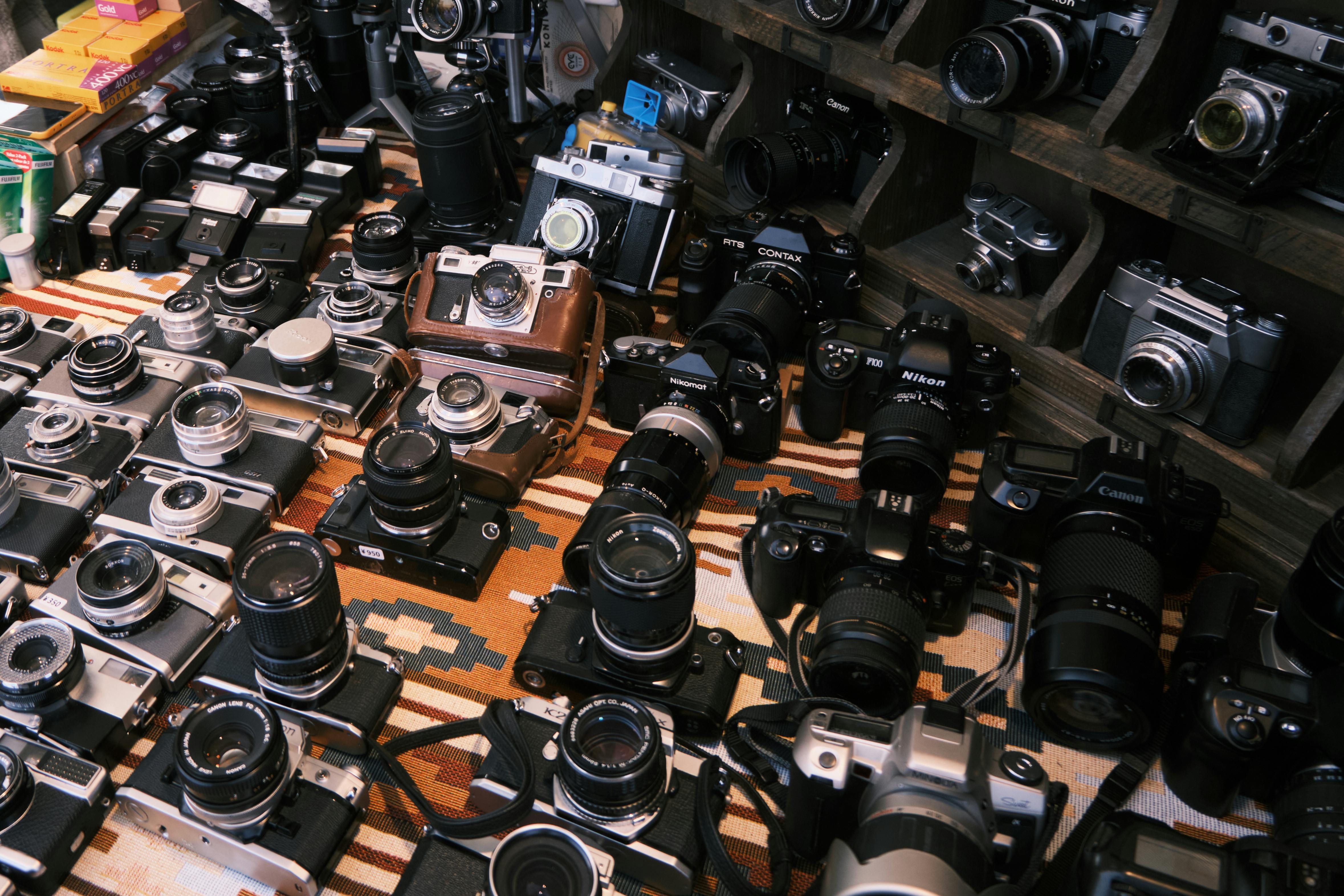 Vintage Camera Collection Display on Rug · Free Stock Photo
