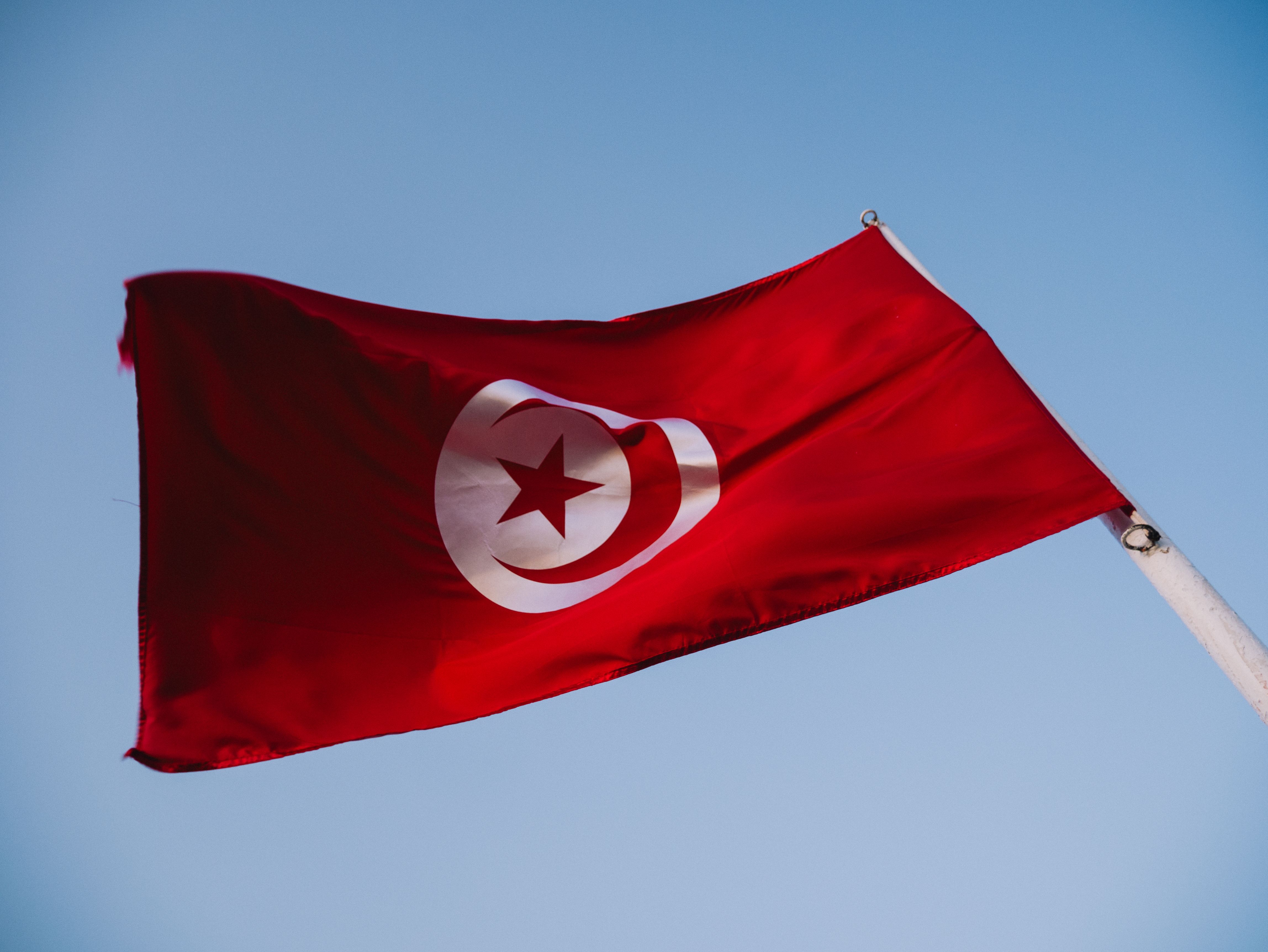Tunisian Flag Waving Against Clear Blue Sky · Free Stock Photo