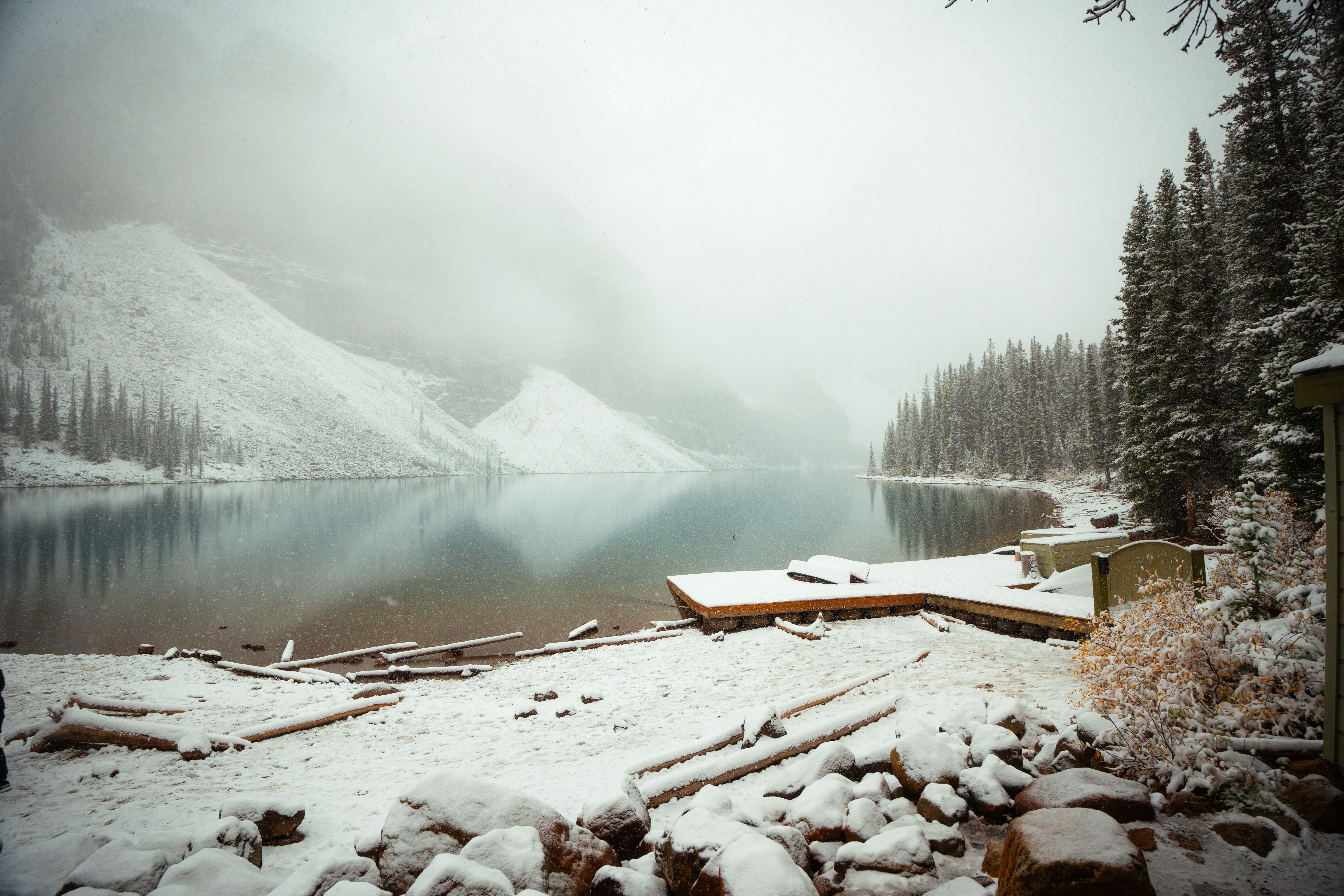 Snowy Lake and Pine Trees in Mountain Landscape · Free Stock Photo