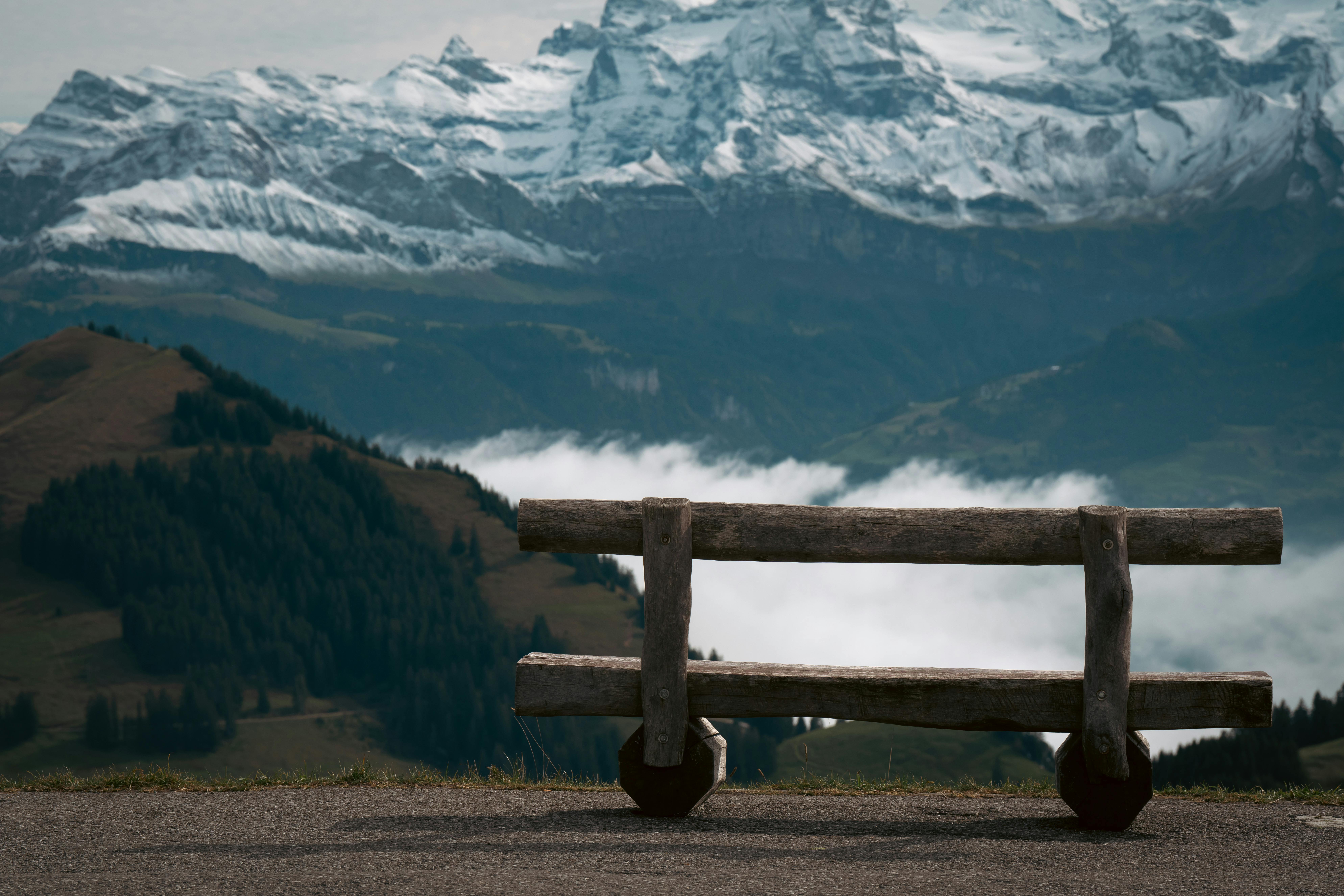 Scenic Mountain View with Wooden Bench · Free Stock Photo
