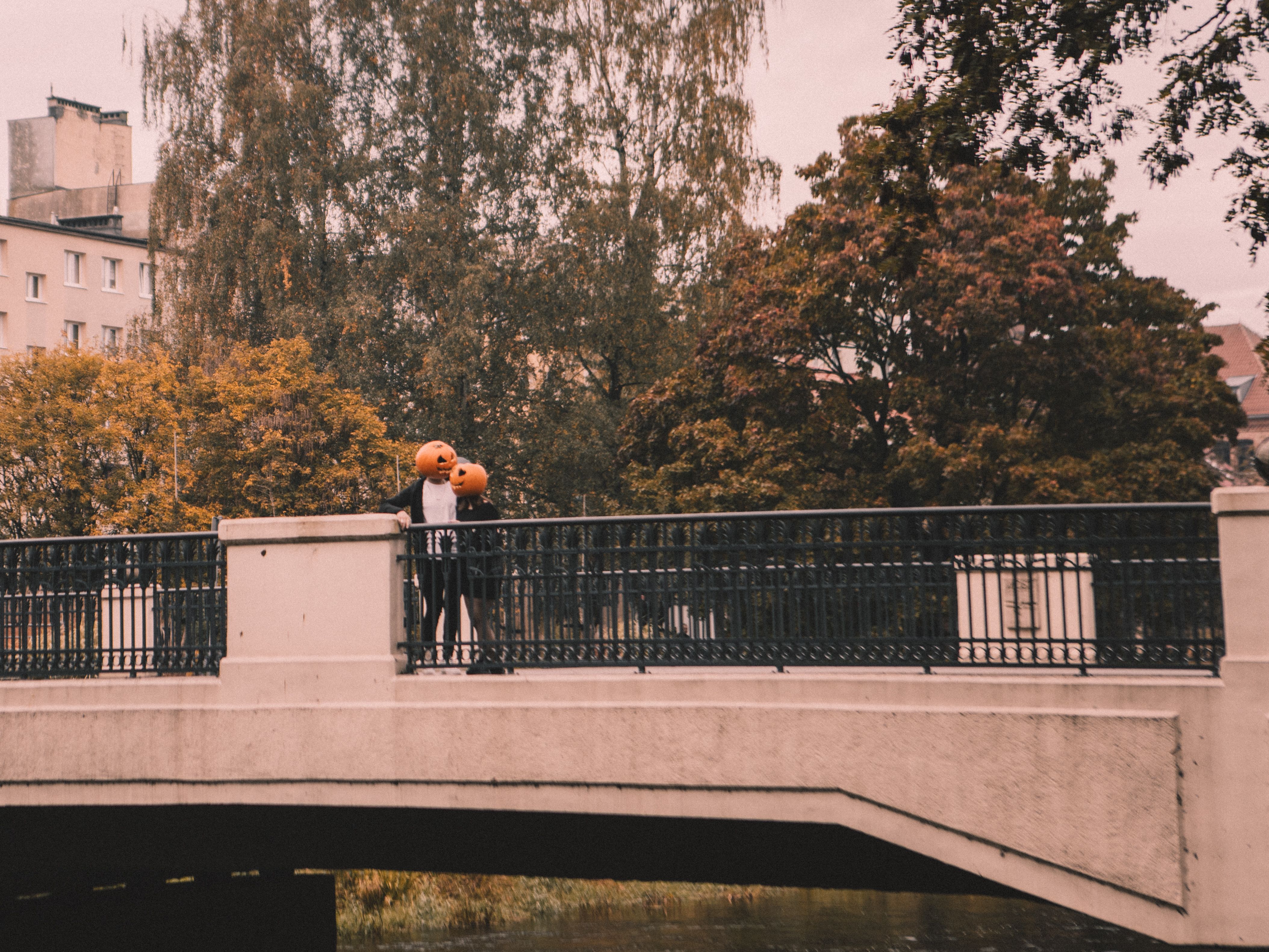 Autumn Bridge with People Wearing Pumpkin Masks · Free Stock Photo