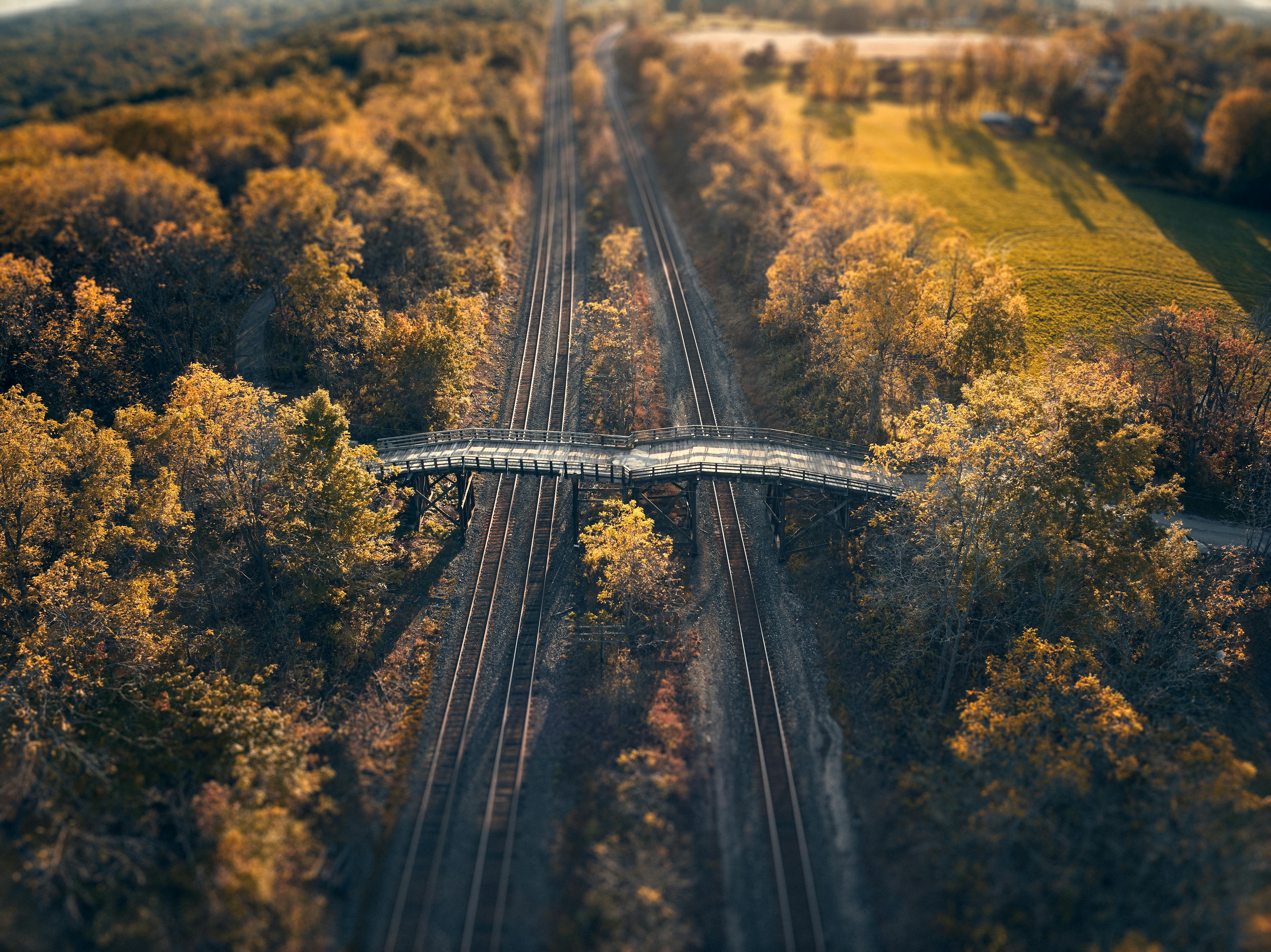 Aerial View of Autumn Railroad Tracks with Bridge · Free Stock Photo