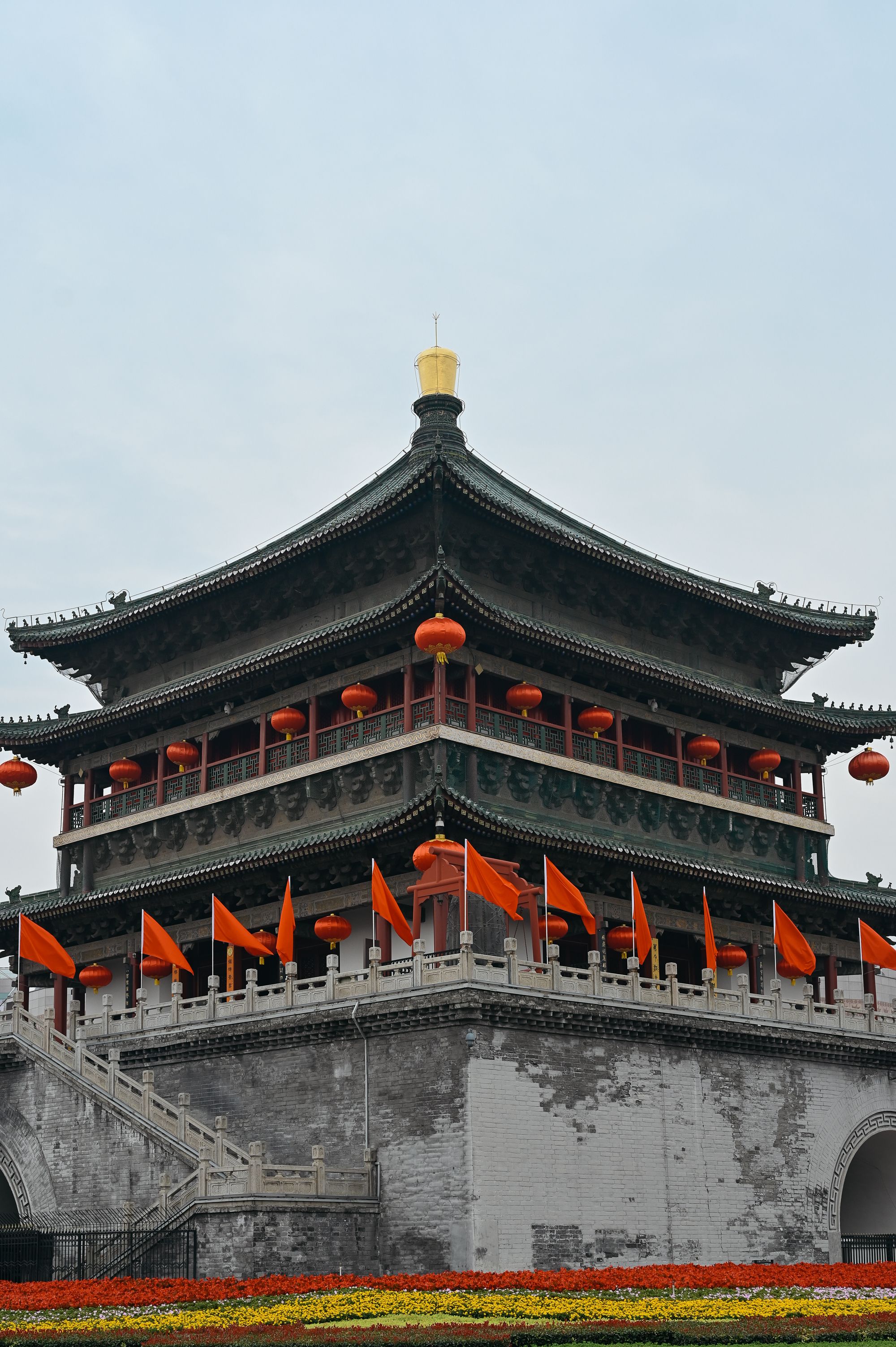 Historic Chinese Bell Tower with Red Lanterns · Free Stock Photo