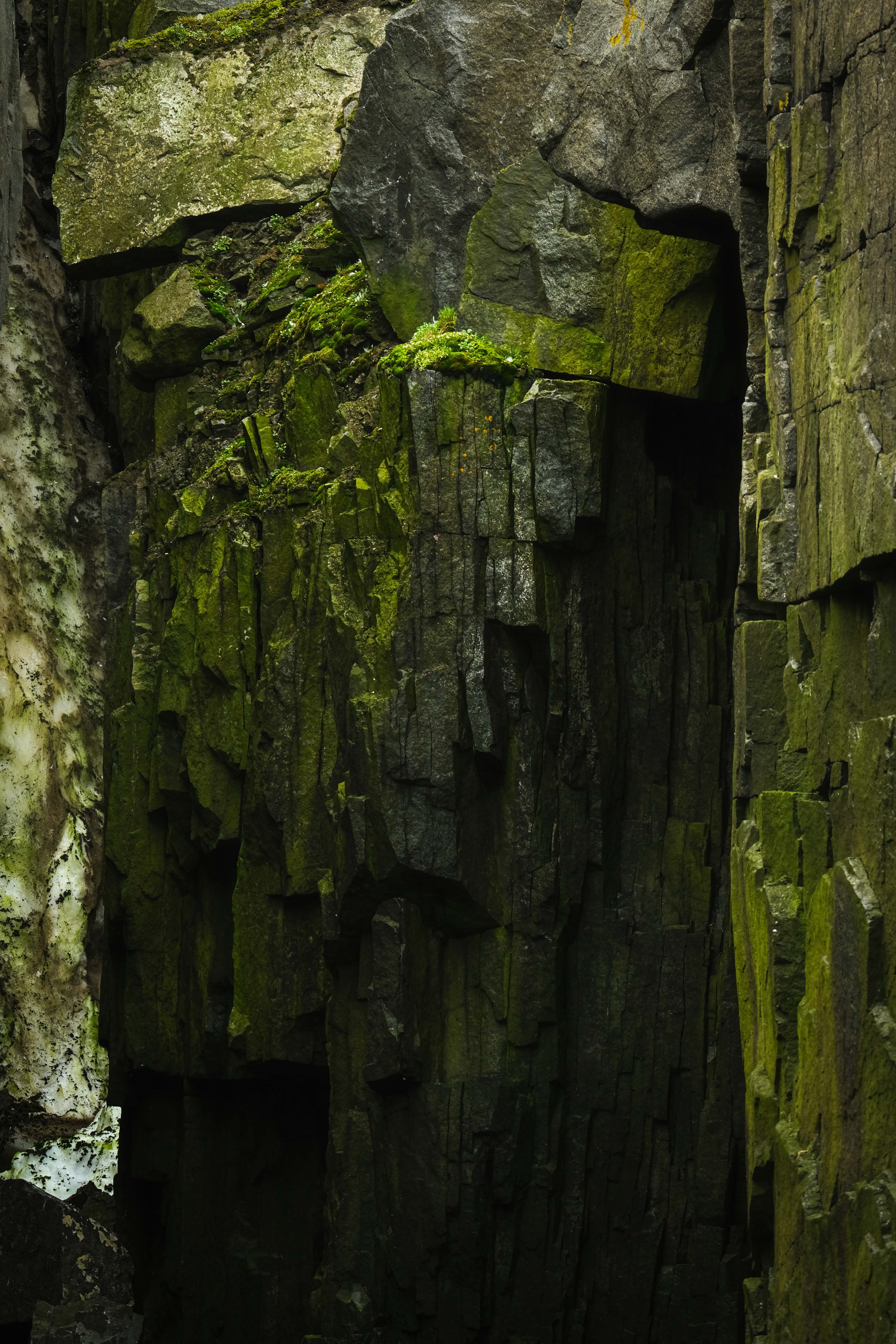Moss-Covered Rocky Cliff with Shadows · Free Stock Photo