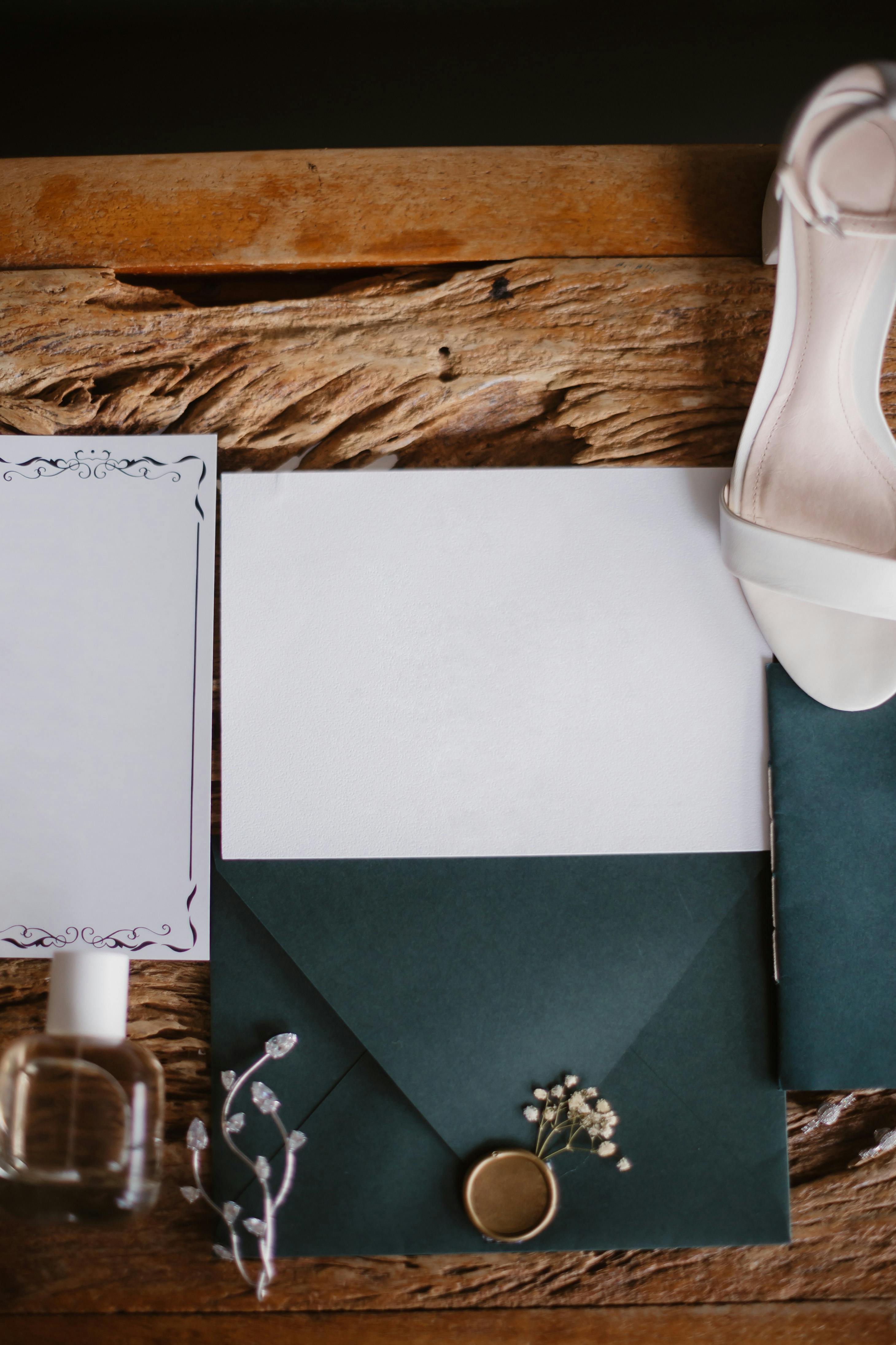 Elegant Wedding Invitation Flat Lay with Shoe · Free Stock Photo