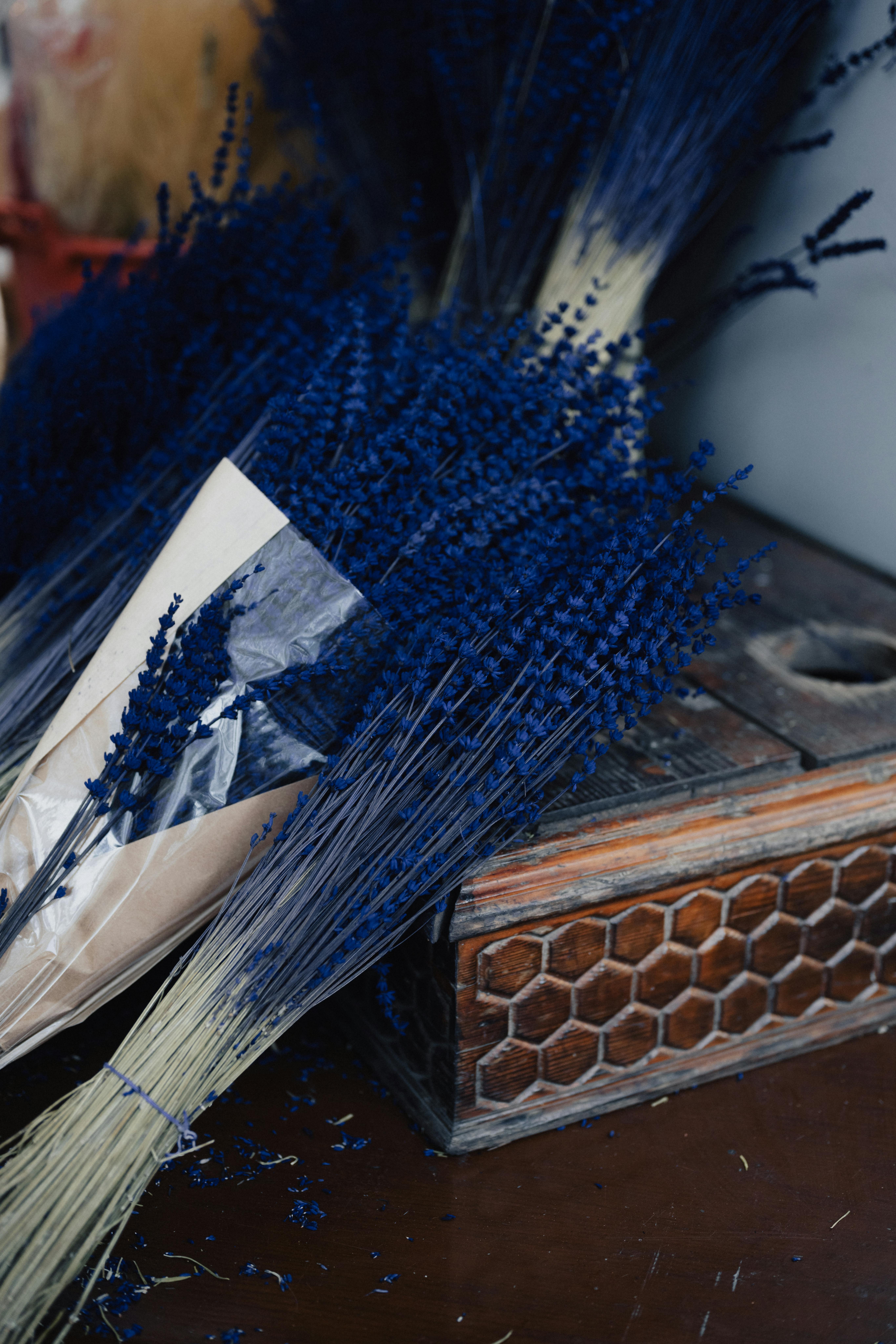 Deep Blue Lavender Bouquet with Rustic Box · Free Stock Photo