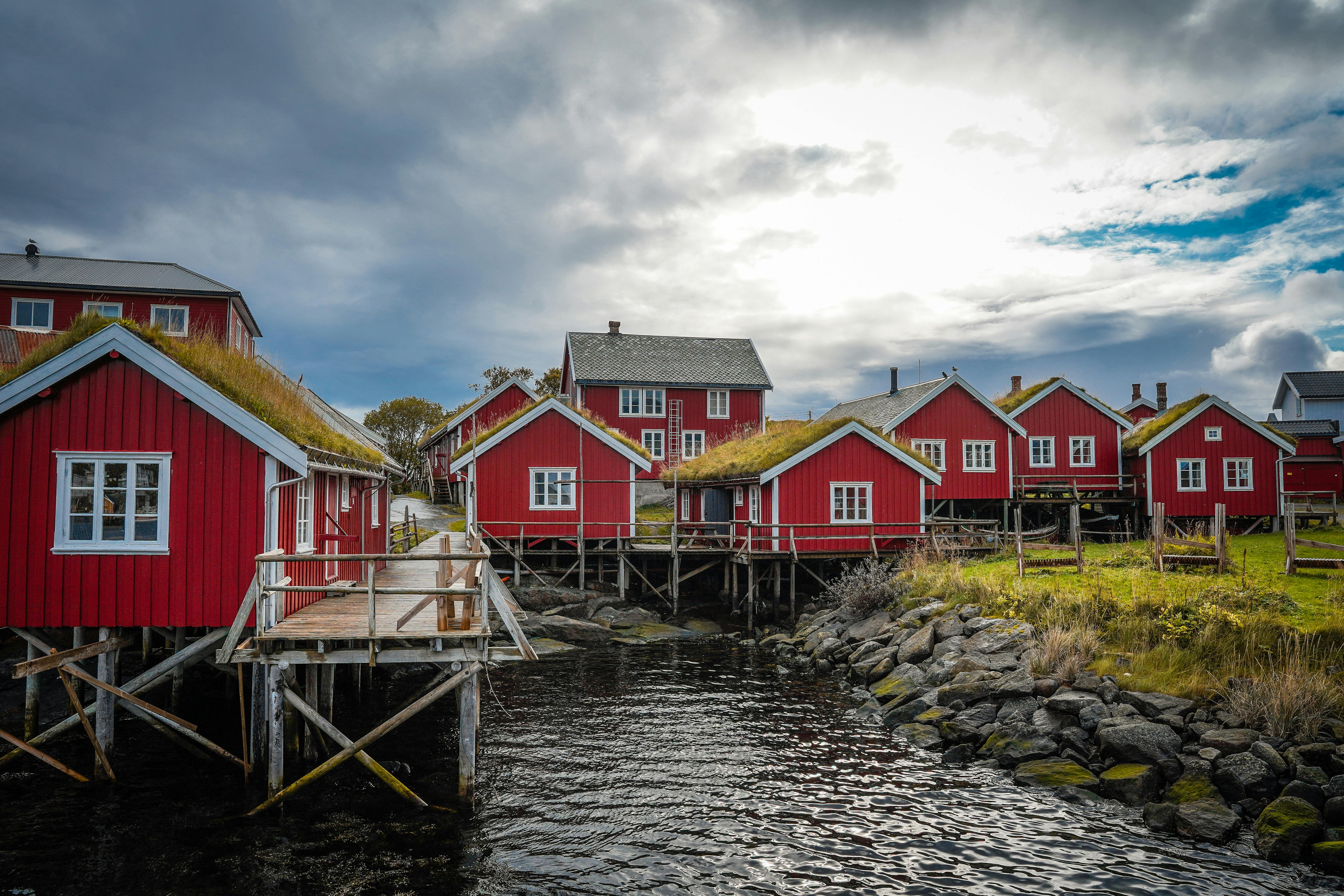 Scenic Red Scandinavian Cabins on Waterfront · Free Stock Photo