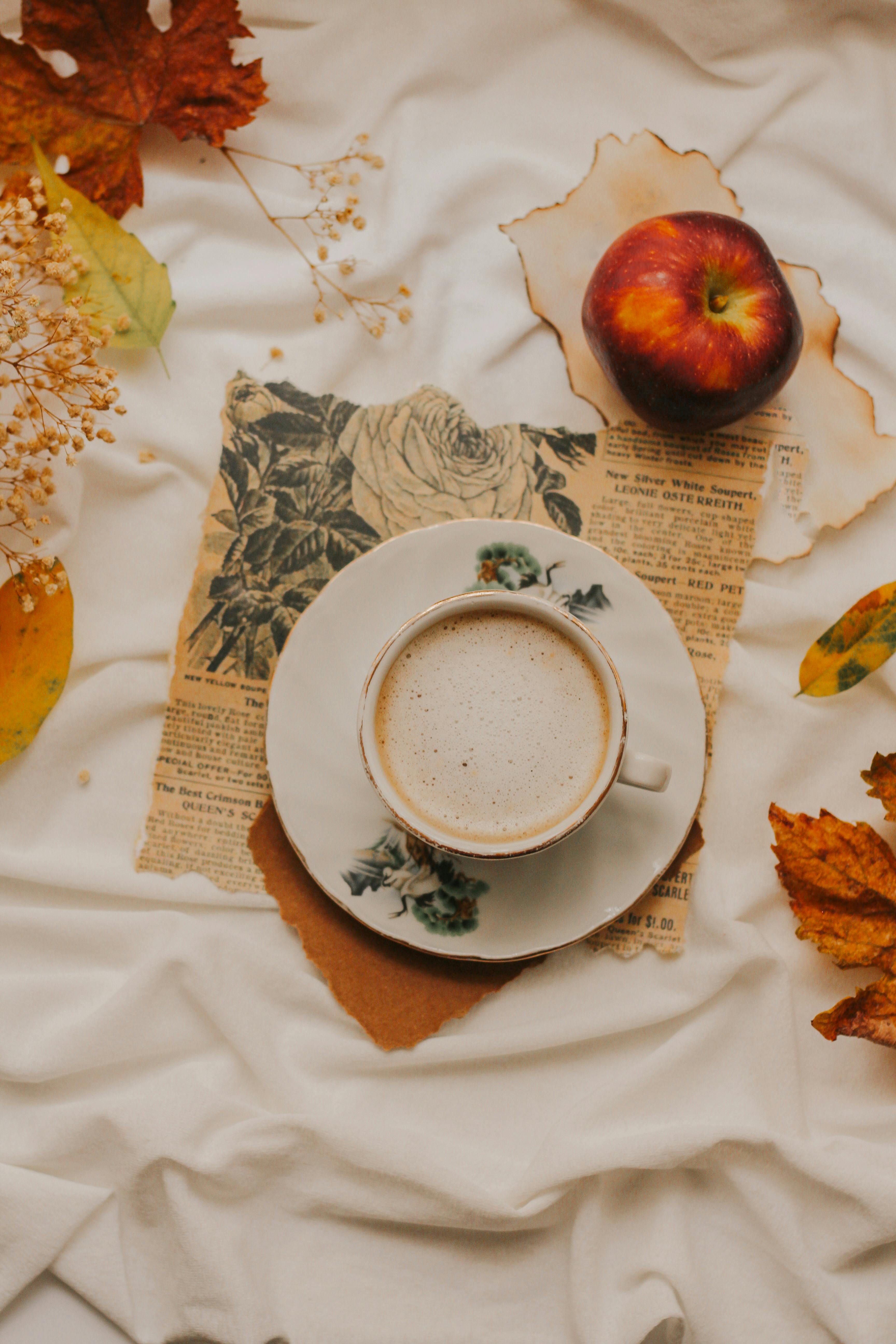 Cozy Autumn Coffee with Apple and Leaves · Free Stock Photo