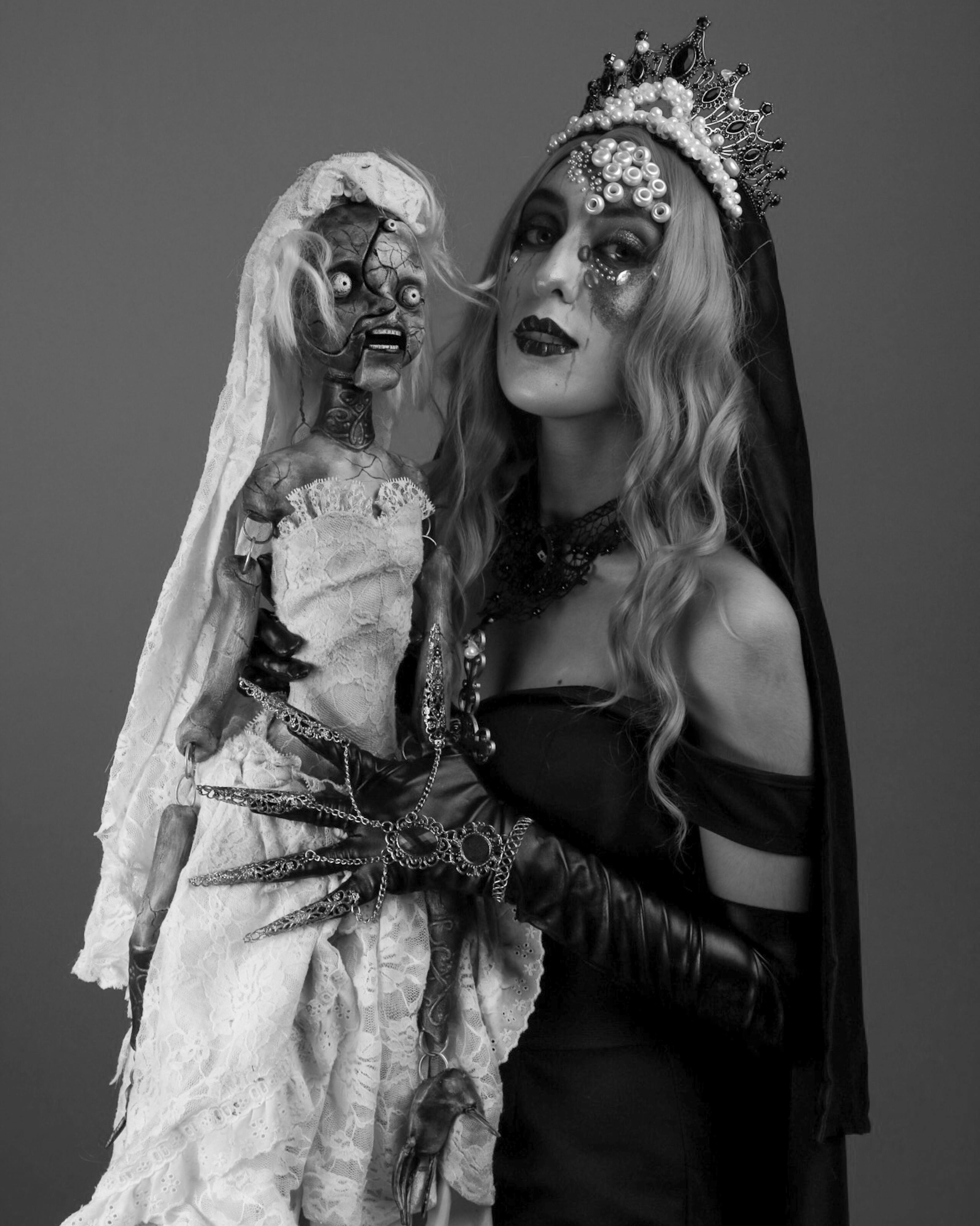 Gothic Woman with Macabre Puppet in Black and White · Free Stock Photo