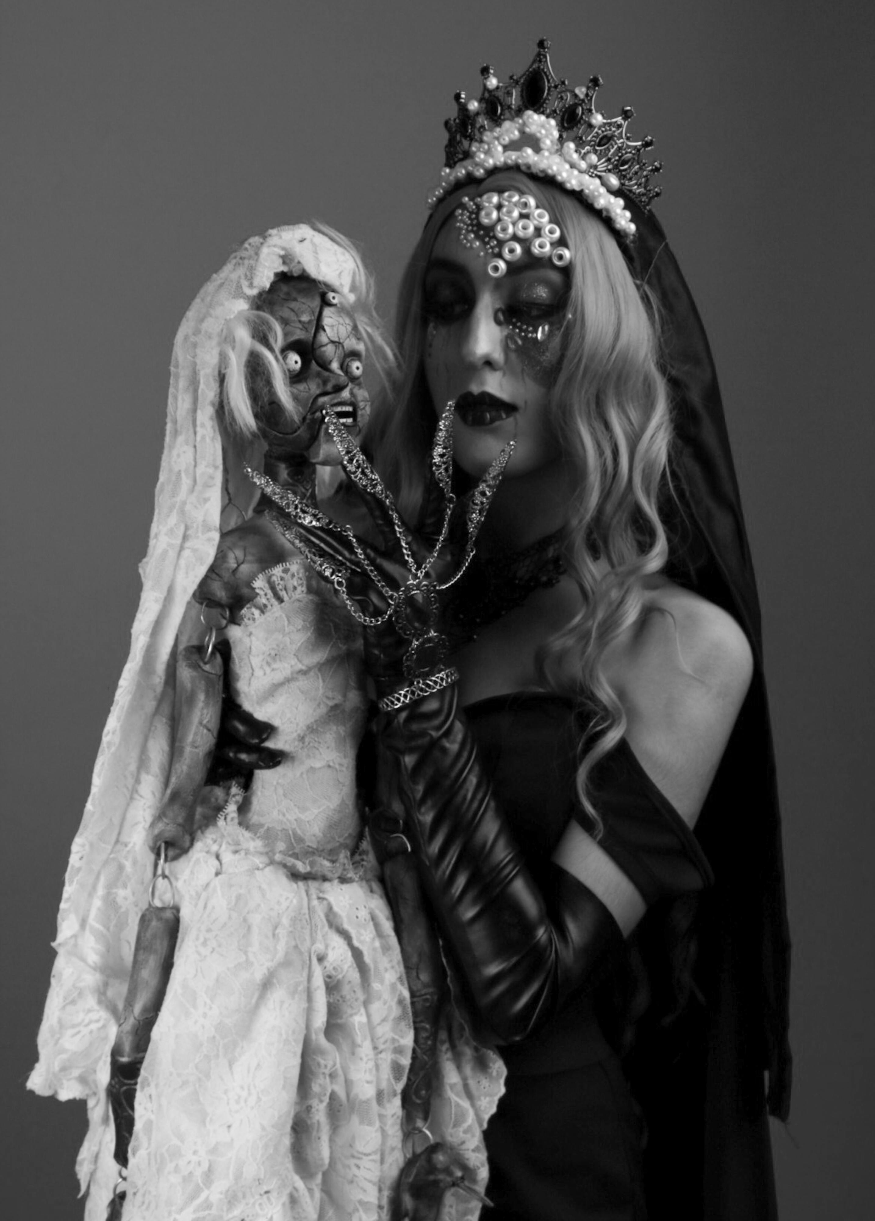 Gothic Woman with Macabre Doll in Black and White · Free Stock Photo