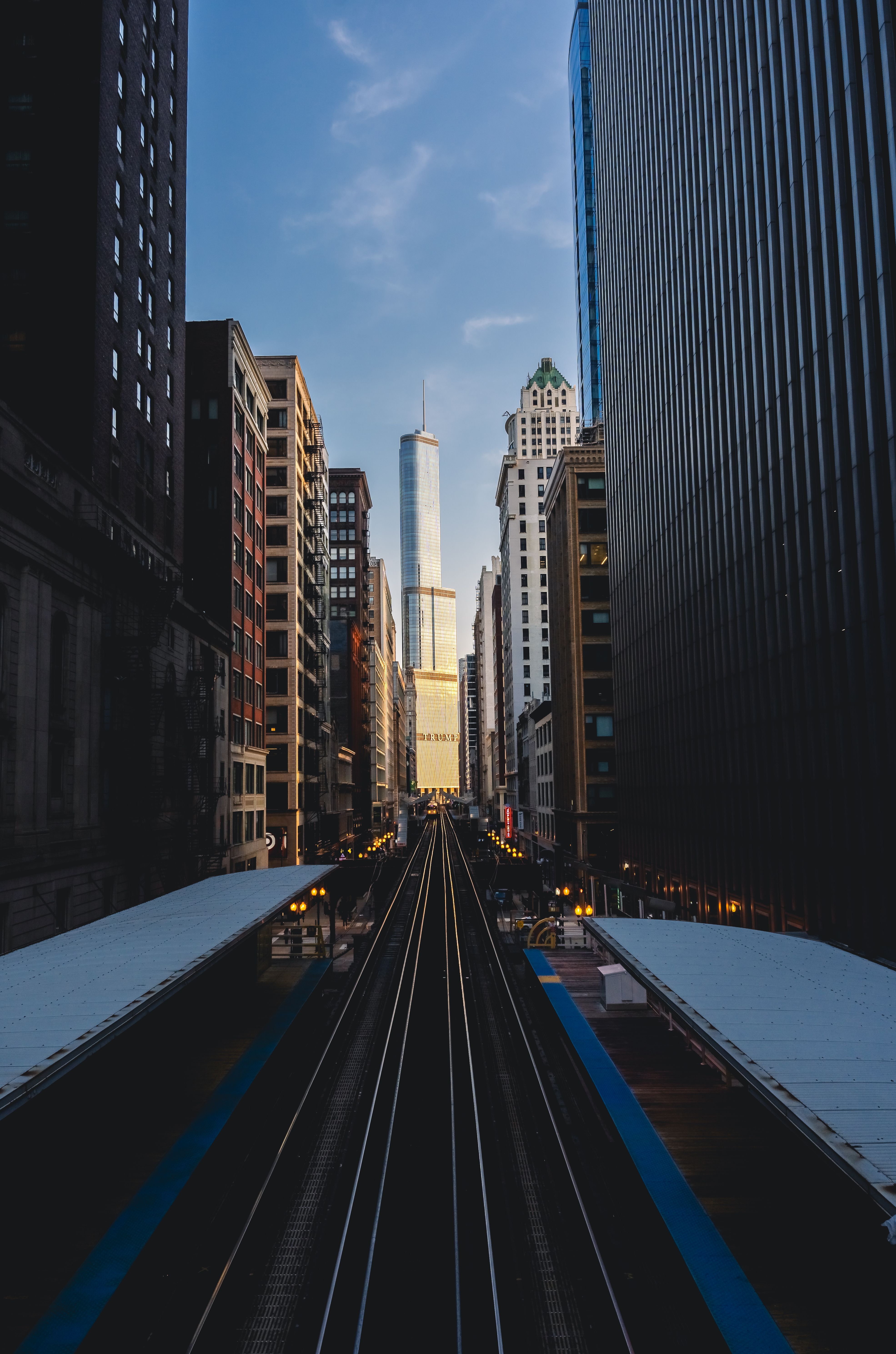 Chicago Cityscape with Train Tracks at Dusk · Free Stock Photo