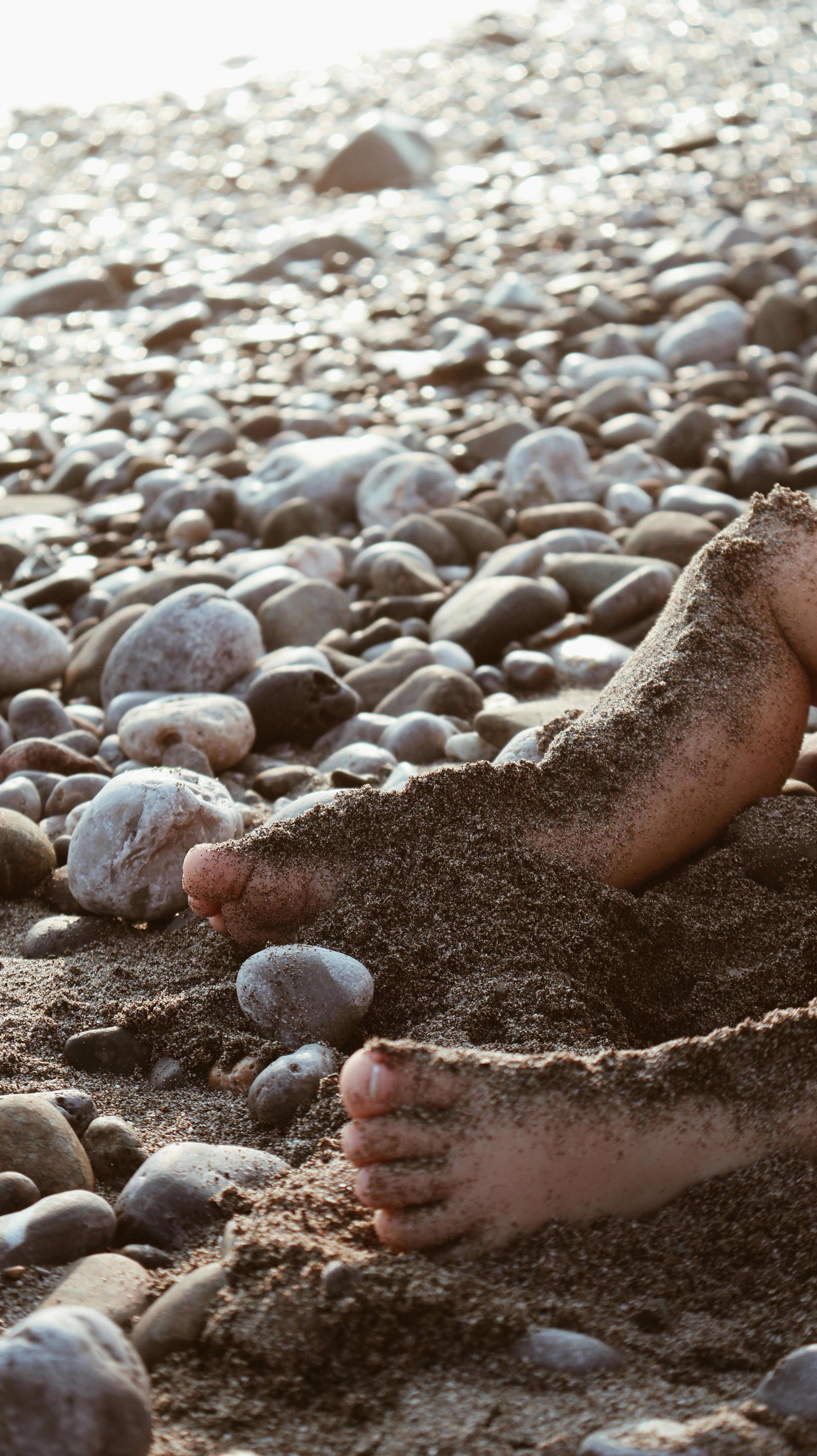Child's Sandy Feet on Rocky Beach Shoreline · Free Stock Photo