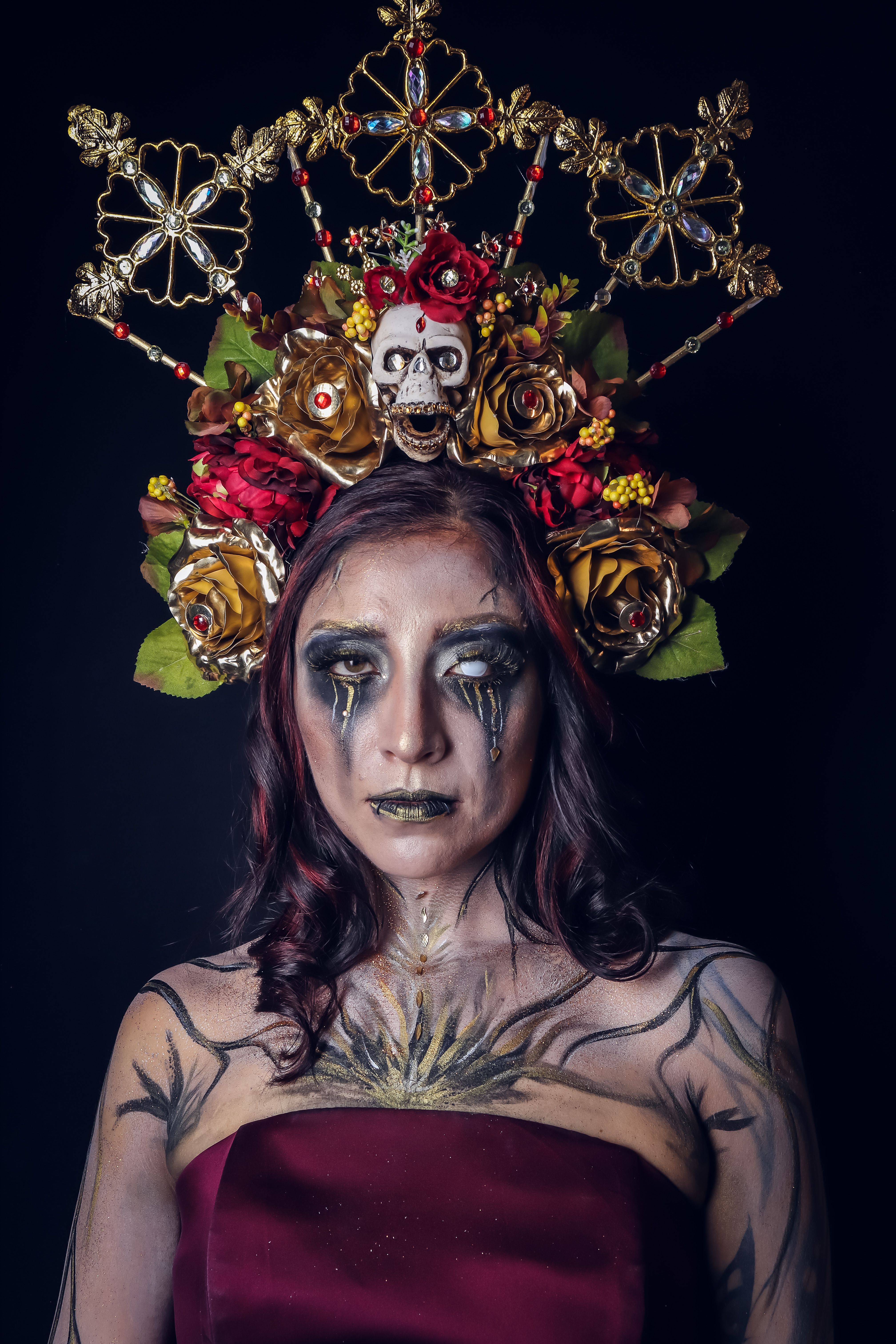 Artistic Halloween Costume Portrait with Floral Skull Headpiece · Free ...