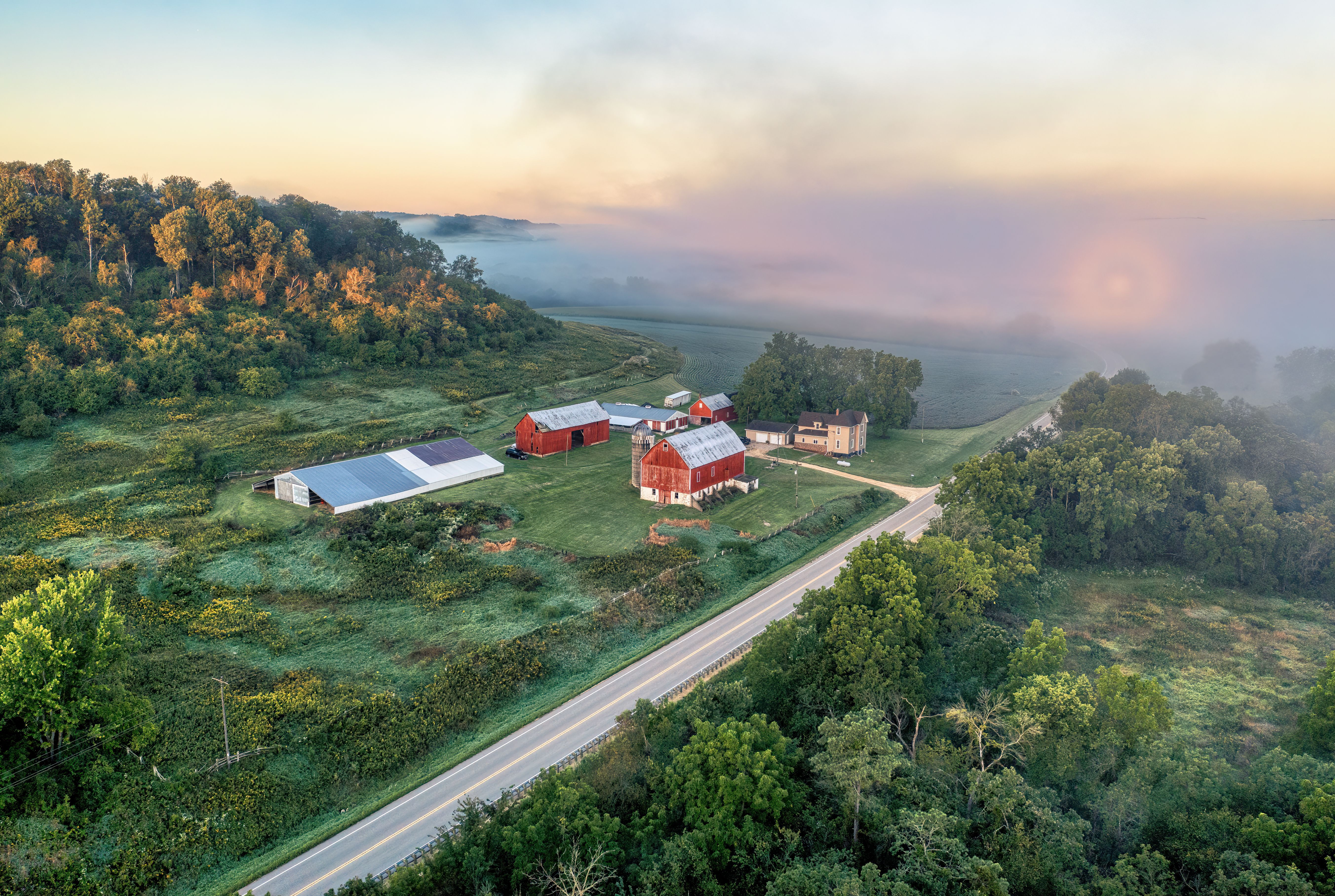 Scenic Aerial View of Wisconsin Farm at Sunrise · Free Stock Photo