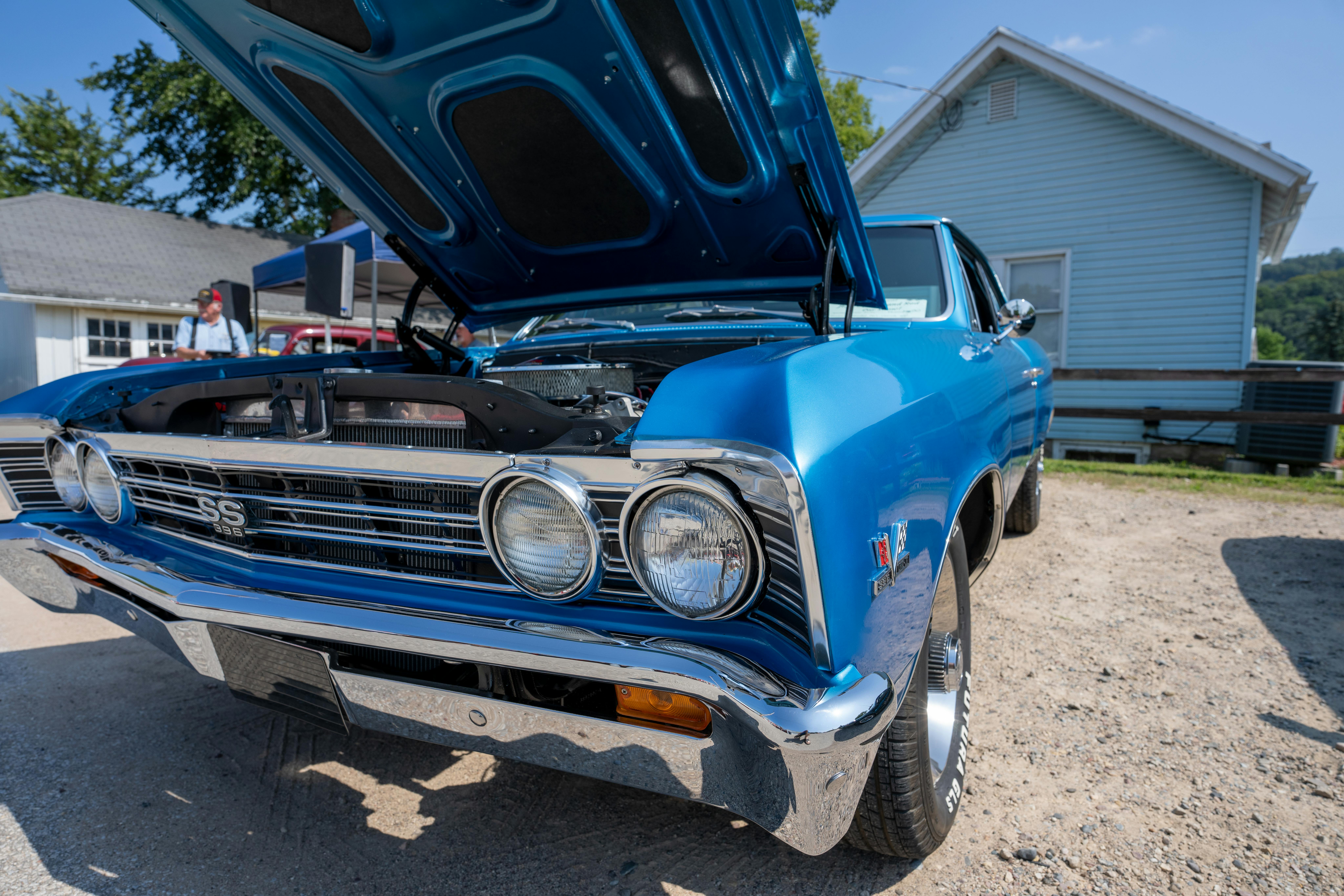 Classic Blue Muscle Car with Open Hood in Nelson · Free Stock Photo