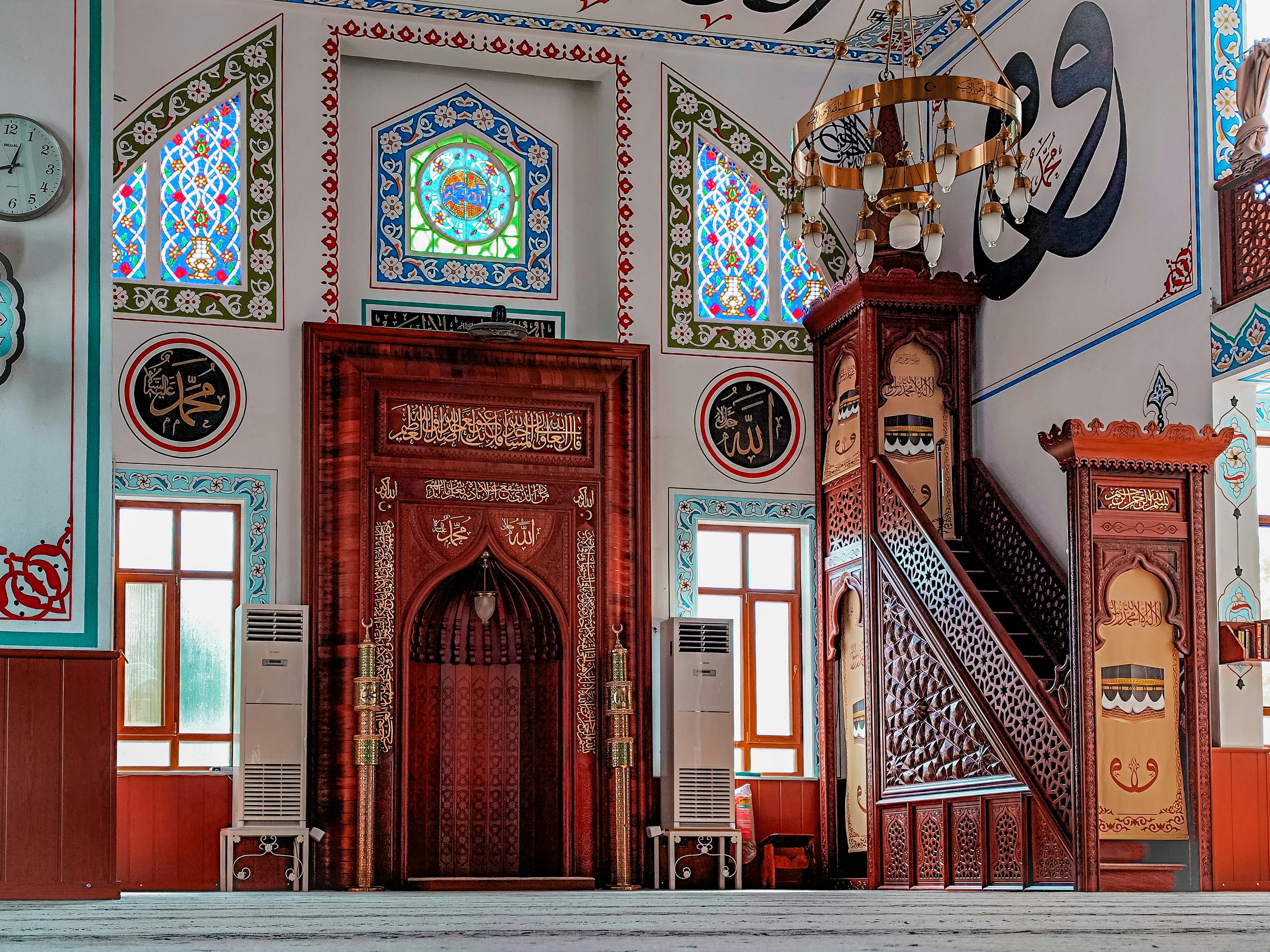 Intricate Mosque Interior with Stained Glass · Free Stock Photo