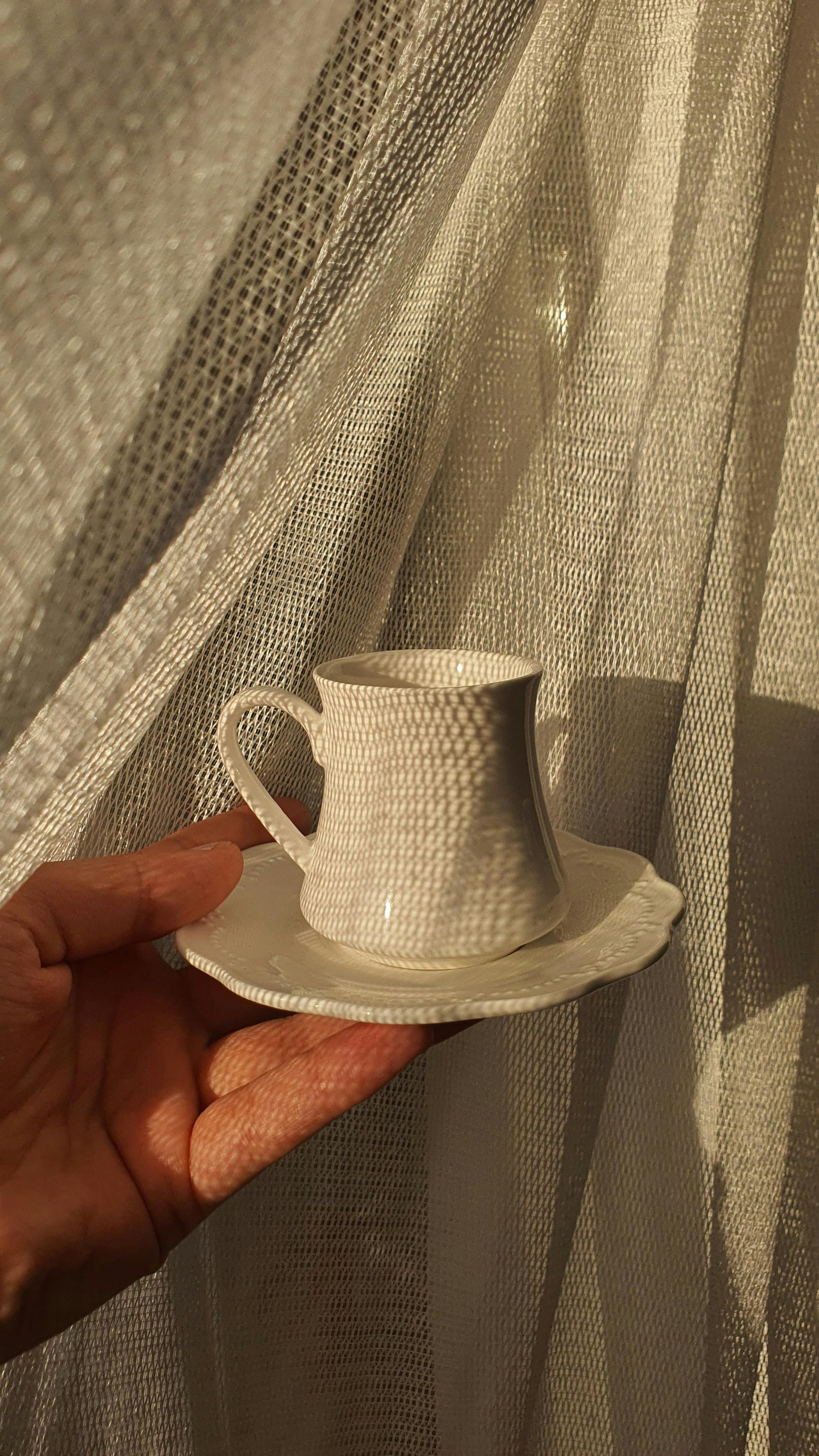 Elegant Textured Teacup in Warm Sunlight · Free Stock Photo