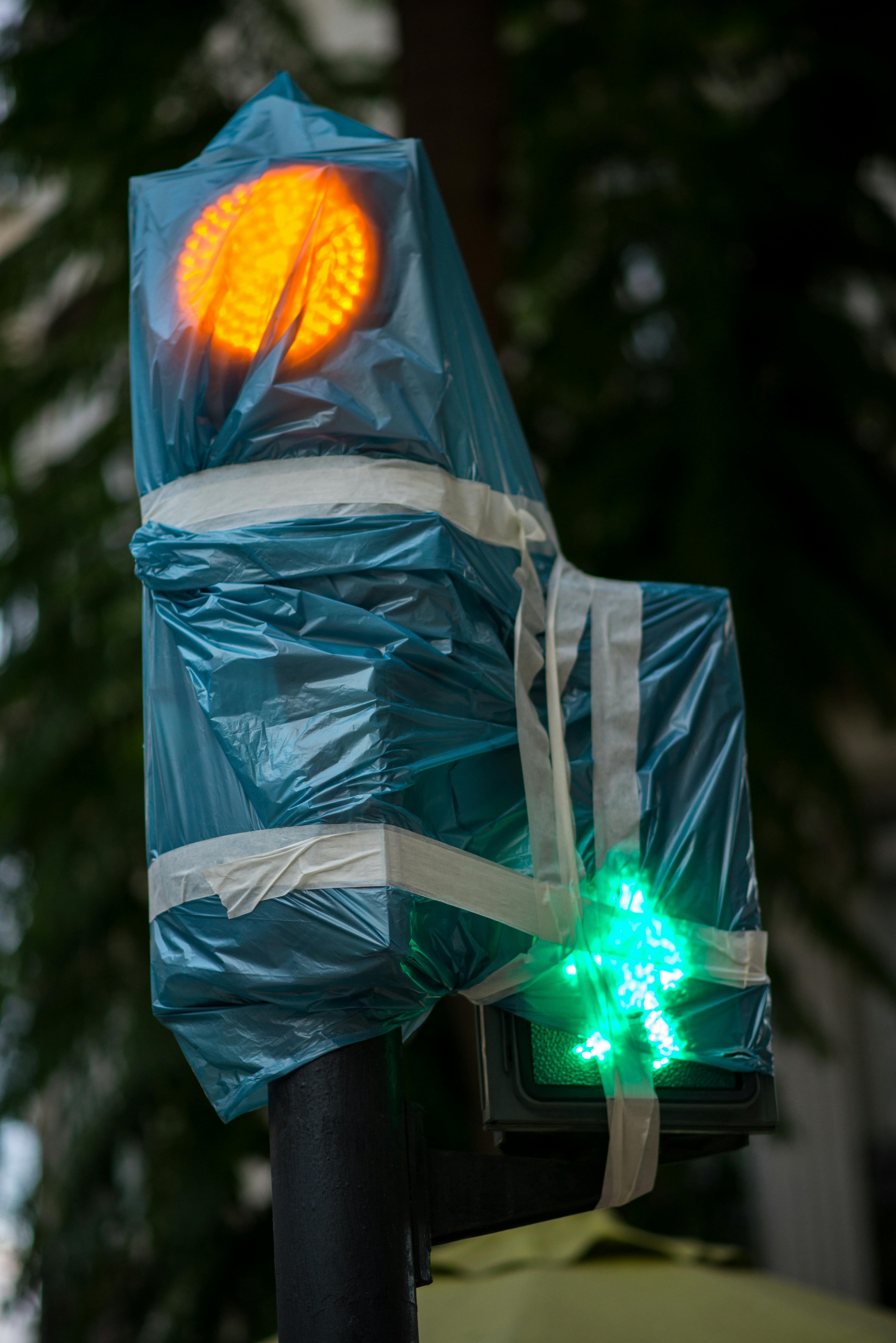 Covered Traffic Light with Plastic Wrap · Free Stock Photo