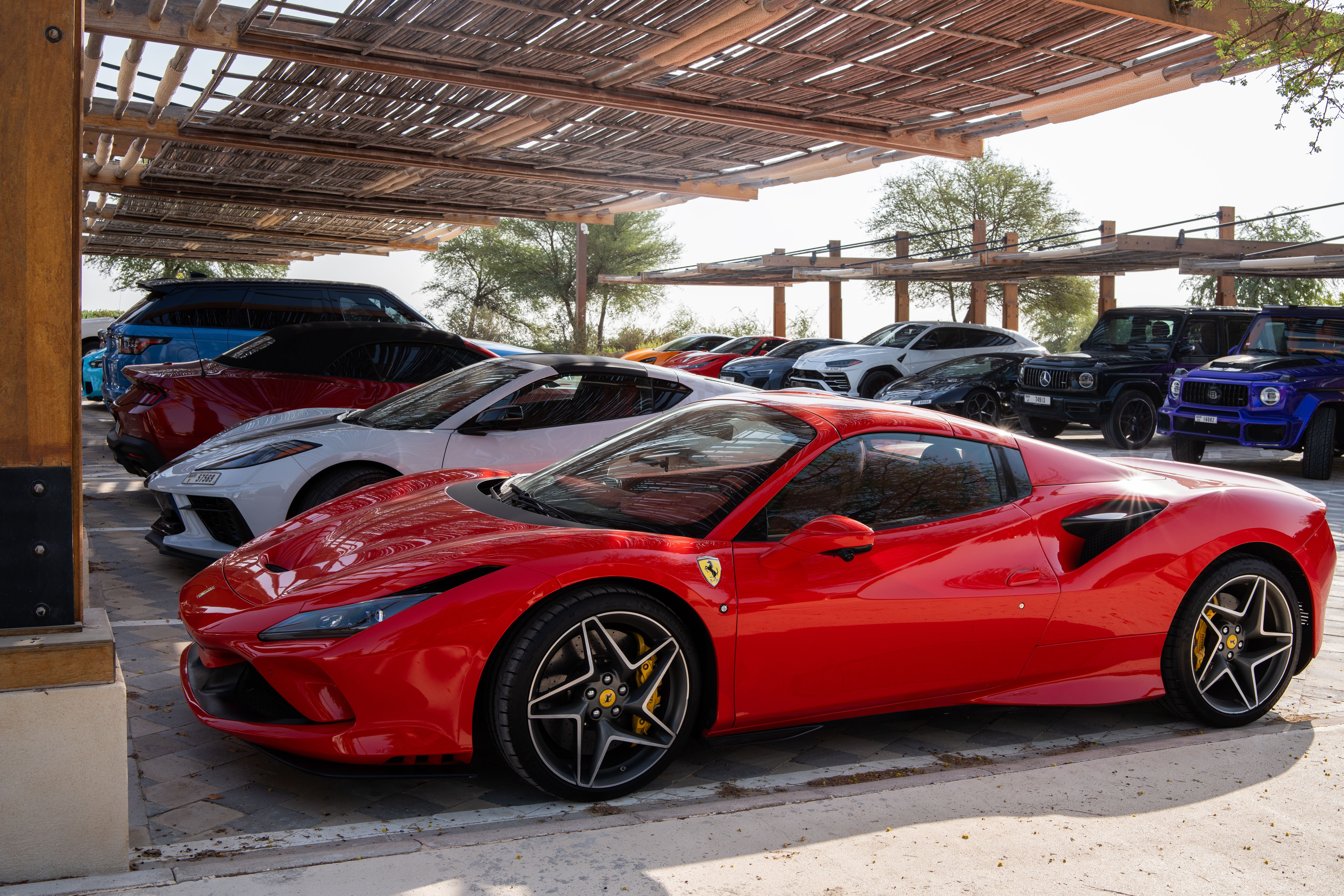Luxury Sports Cars Parked Under Rustic Canopy · Free Stock Photo
