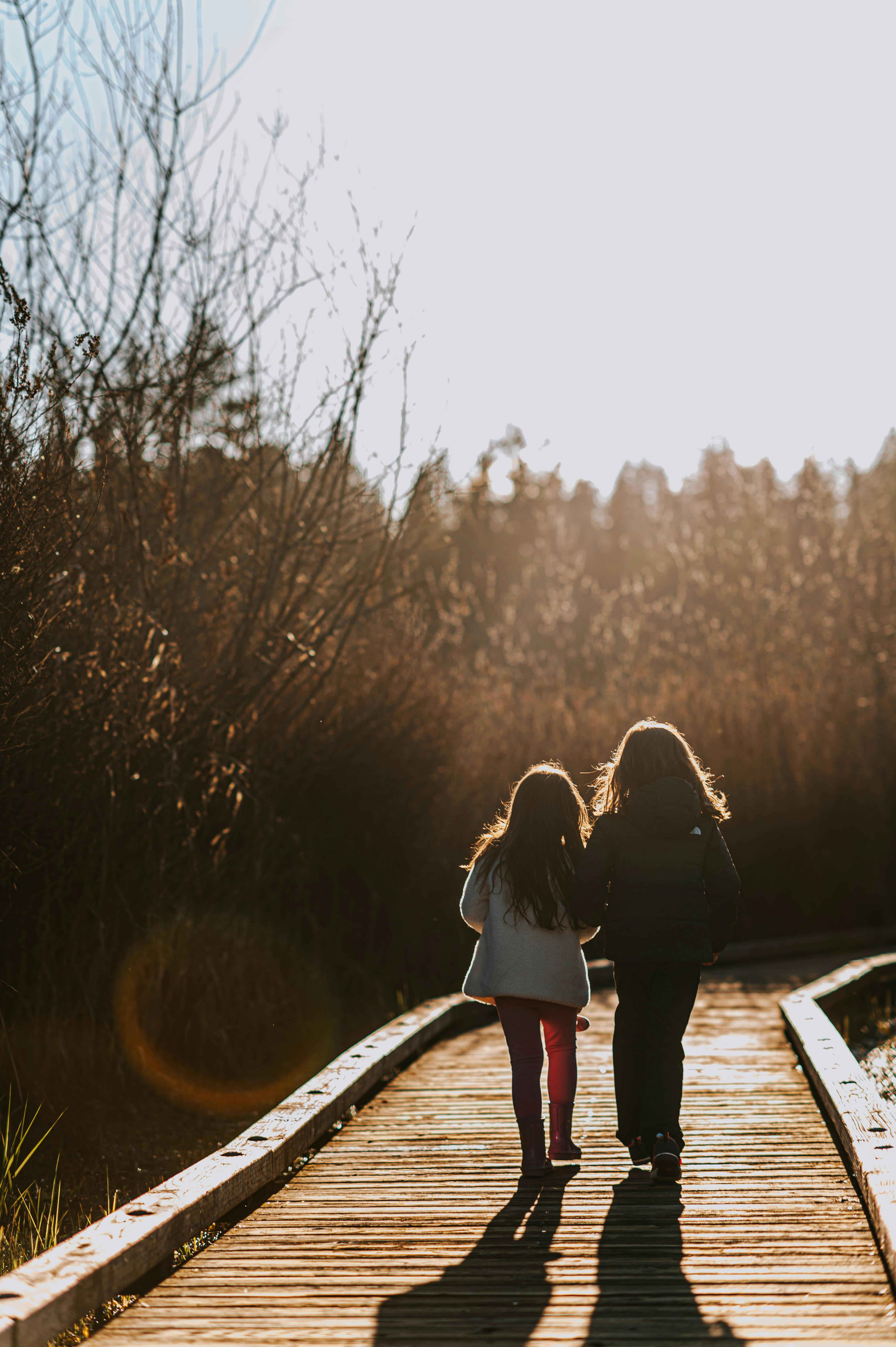 Two Children Walking on Wooden Pathway Outdoors · Free Stock Photo