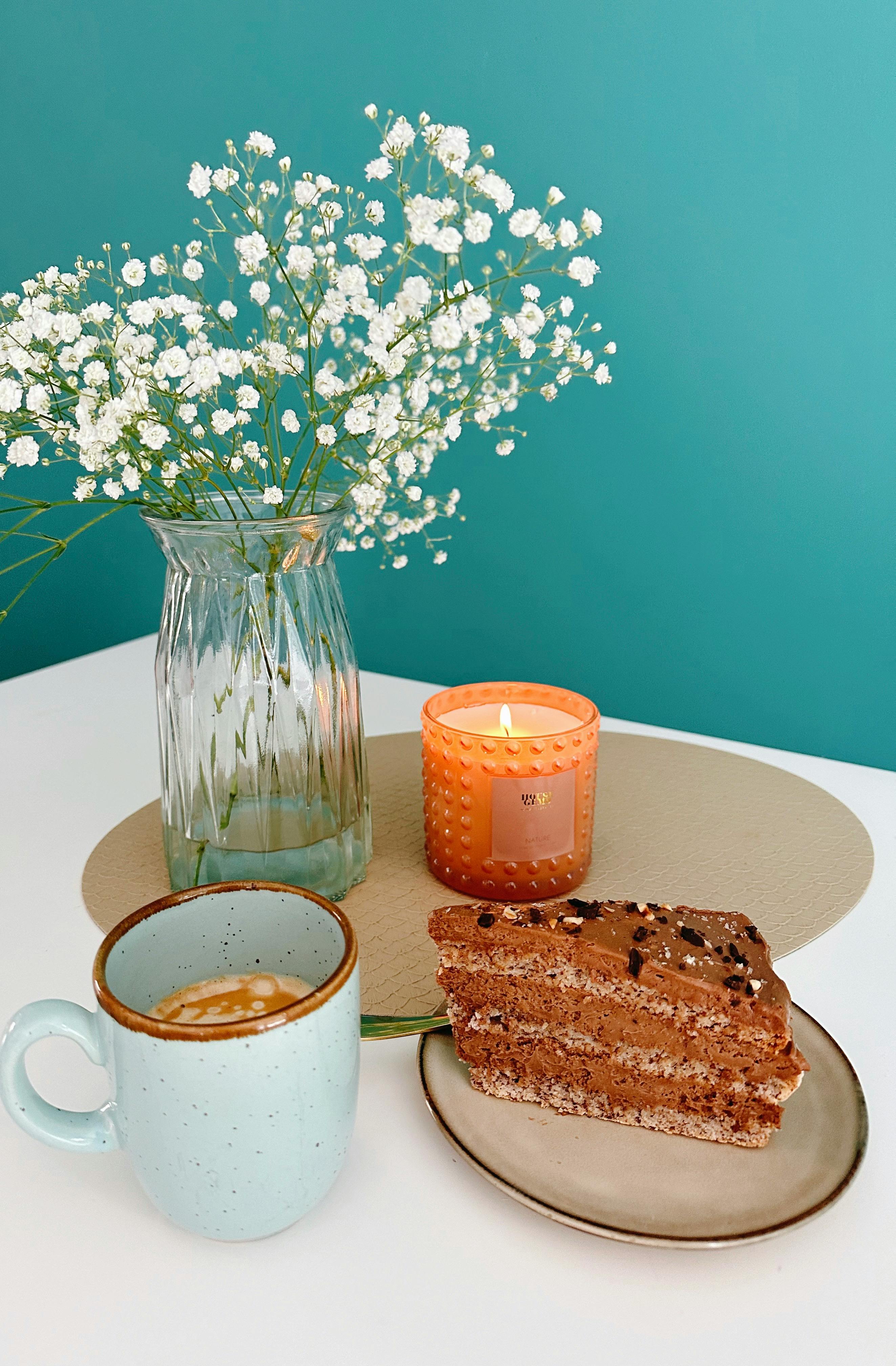 Cozy Coffee Break with Chocolate Cake and Flowers · Free Stock Photo
