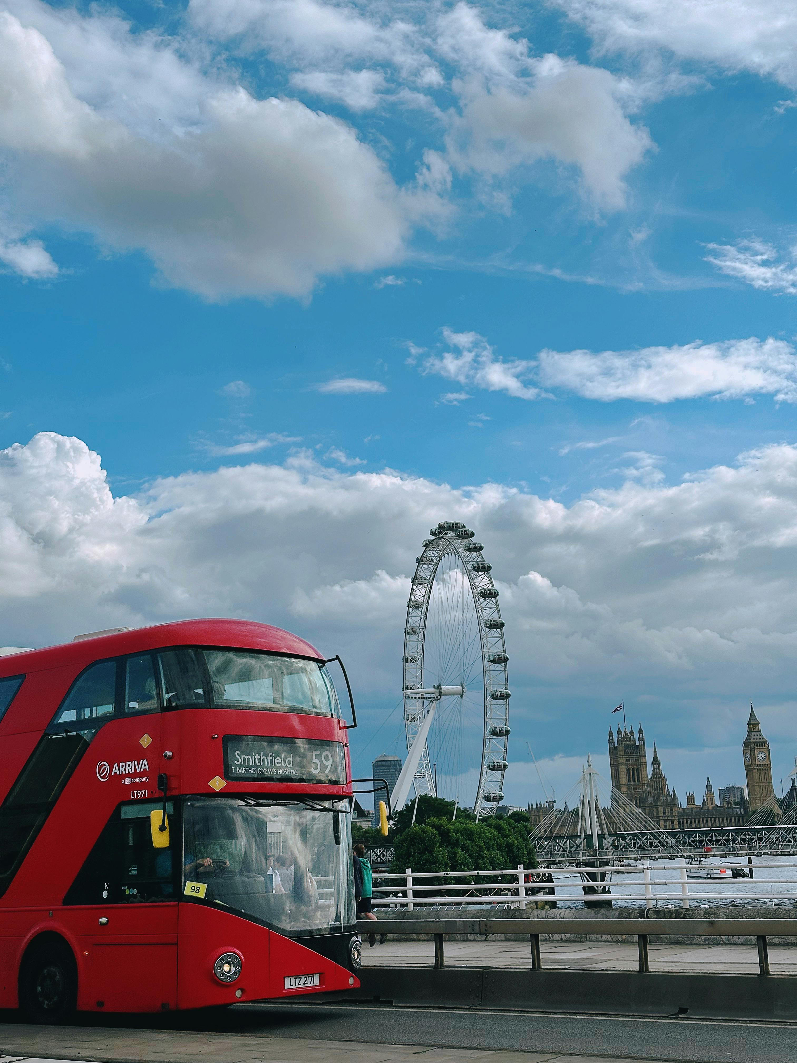 Iconic London Bus with London Eye and Big Ben · Free Stock Photo