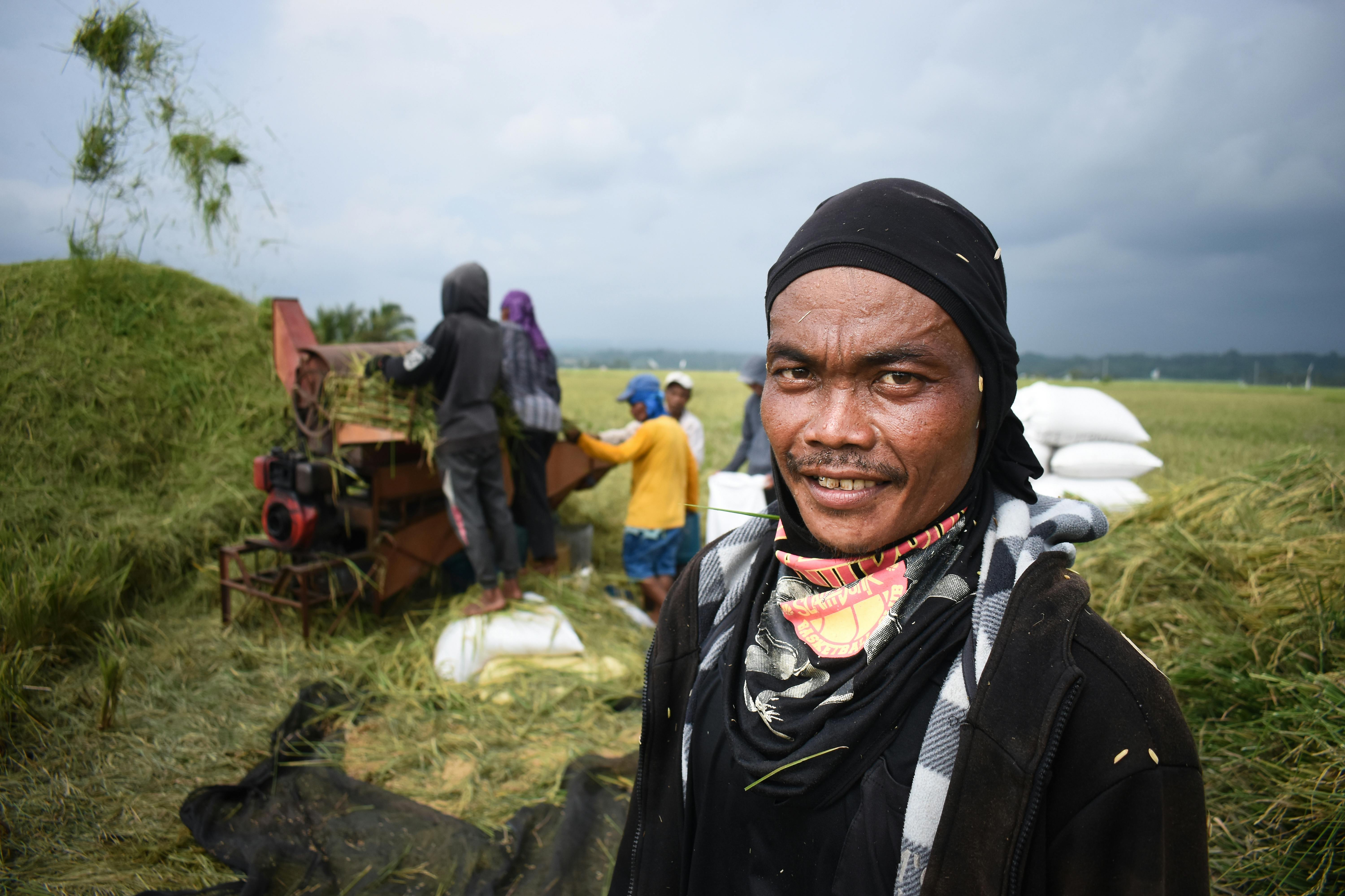 Farmer with Thresher in Rice Field during Harvest · Free Stock Photo