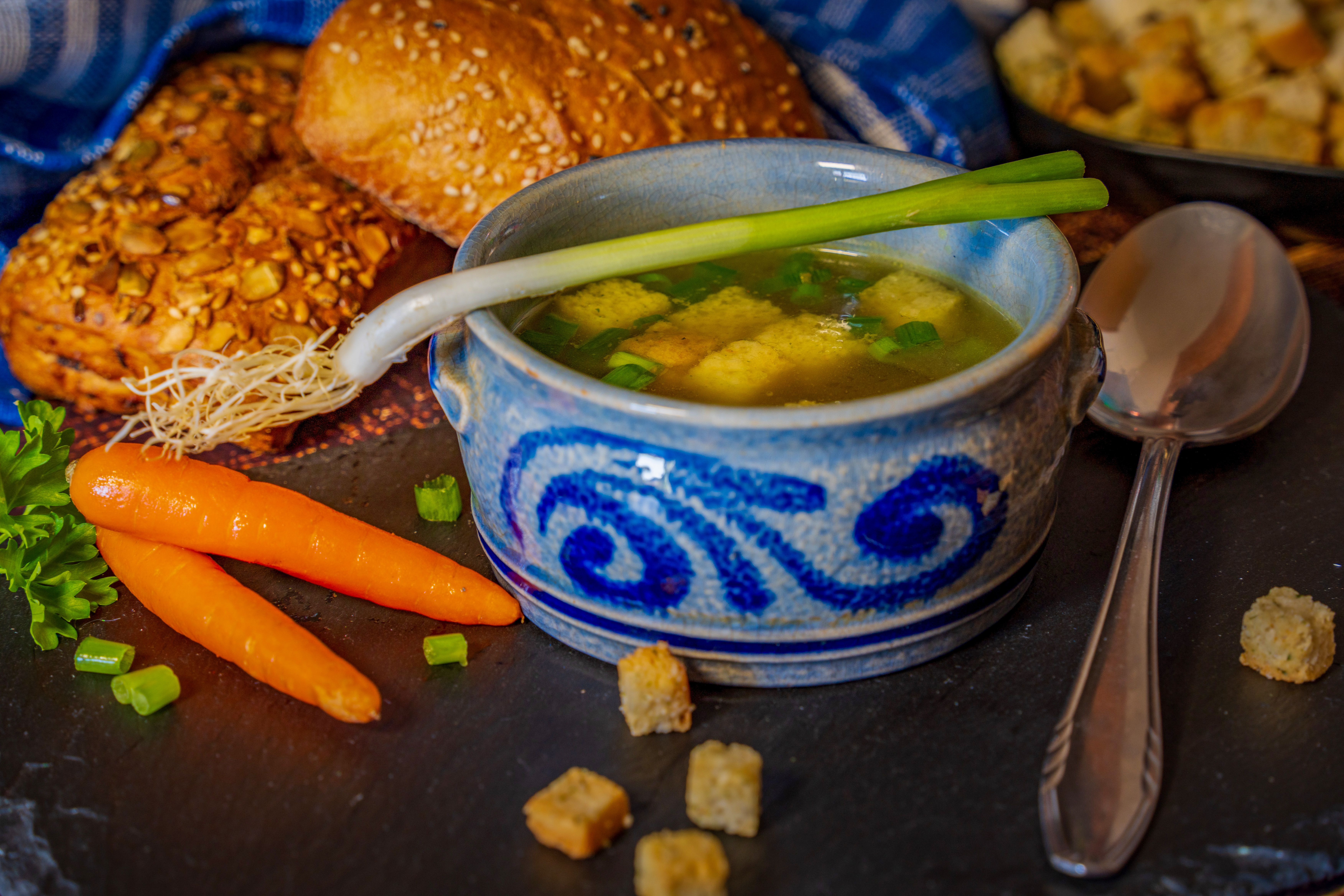 Delicious Homemade Vegetable Broth with Bread · Free Stock Photo