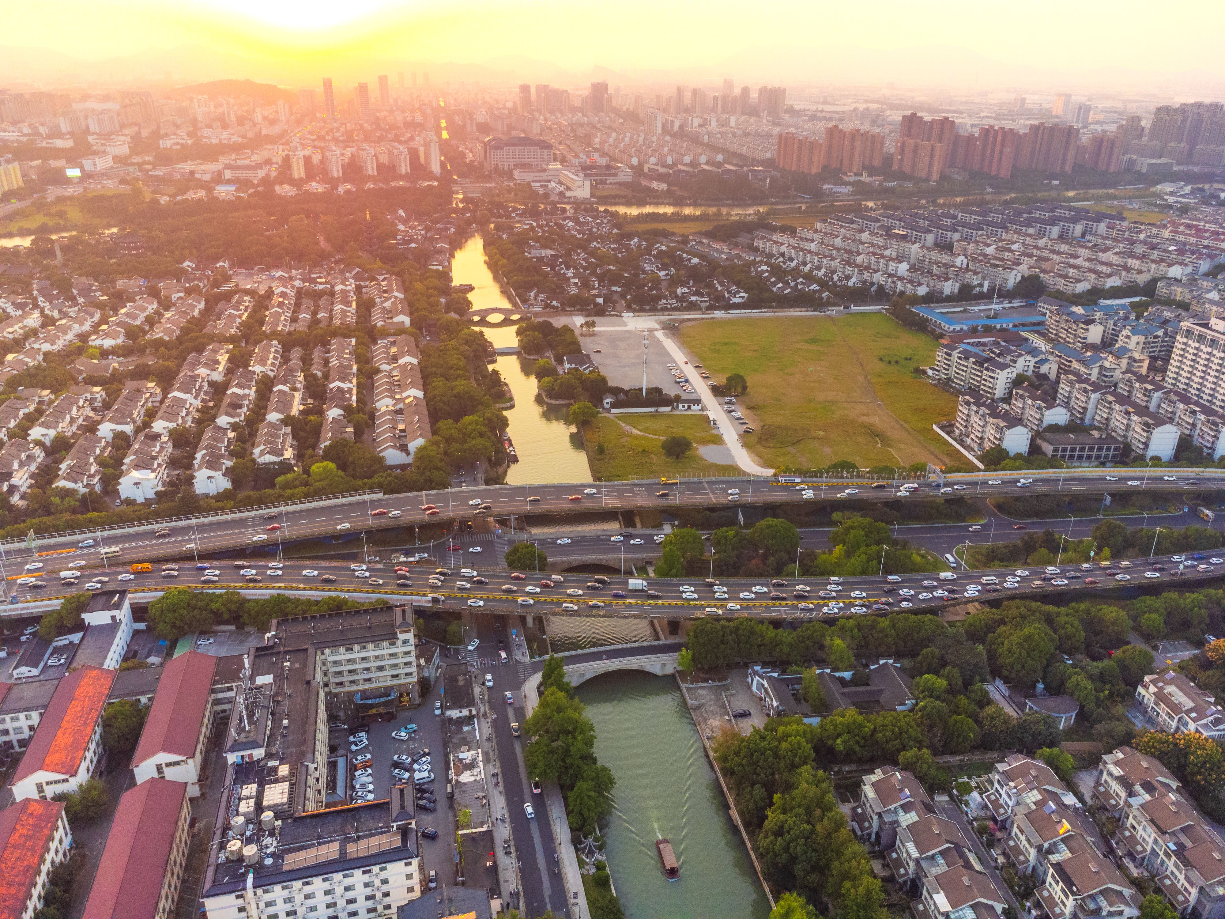 Aerial Cityscape at Sunset in Suzhou, China · Free Stock Photo