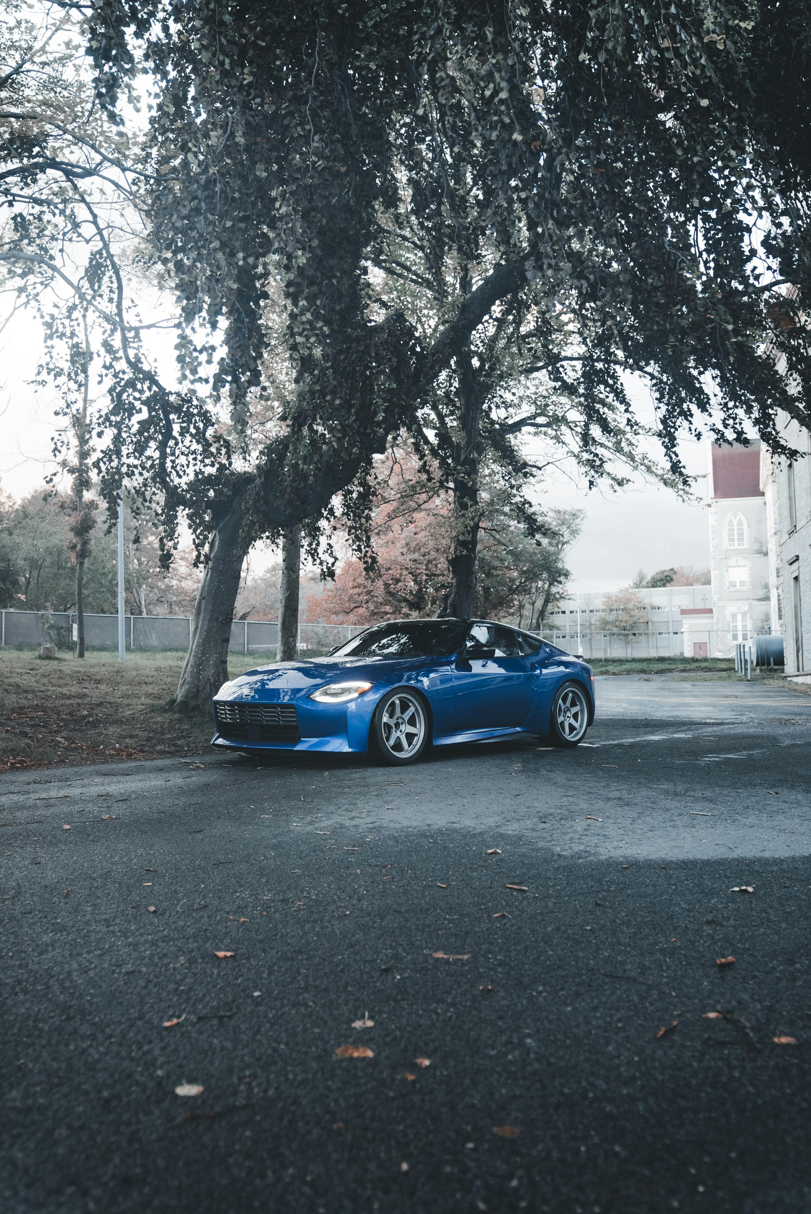 Sleek Blue Sports Car Parked Under Tree · Free Stock Photo