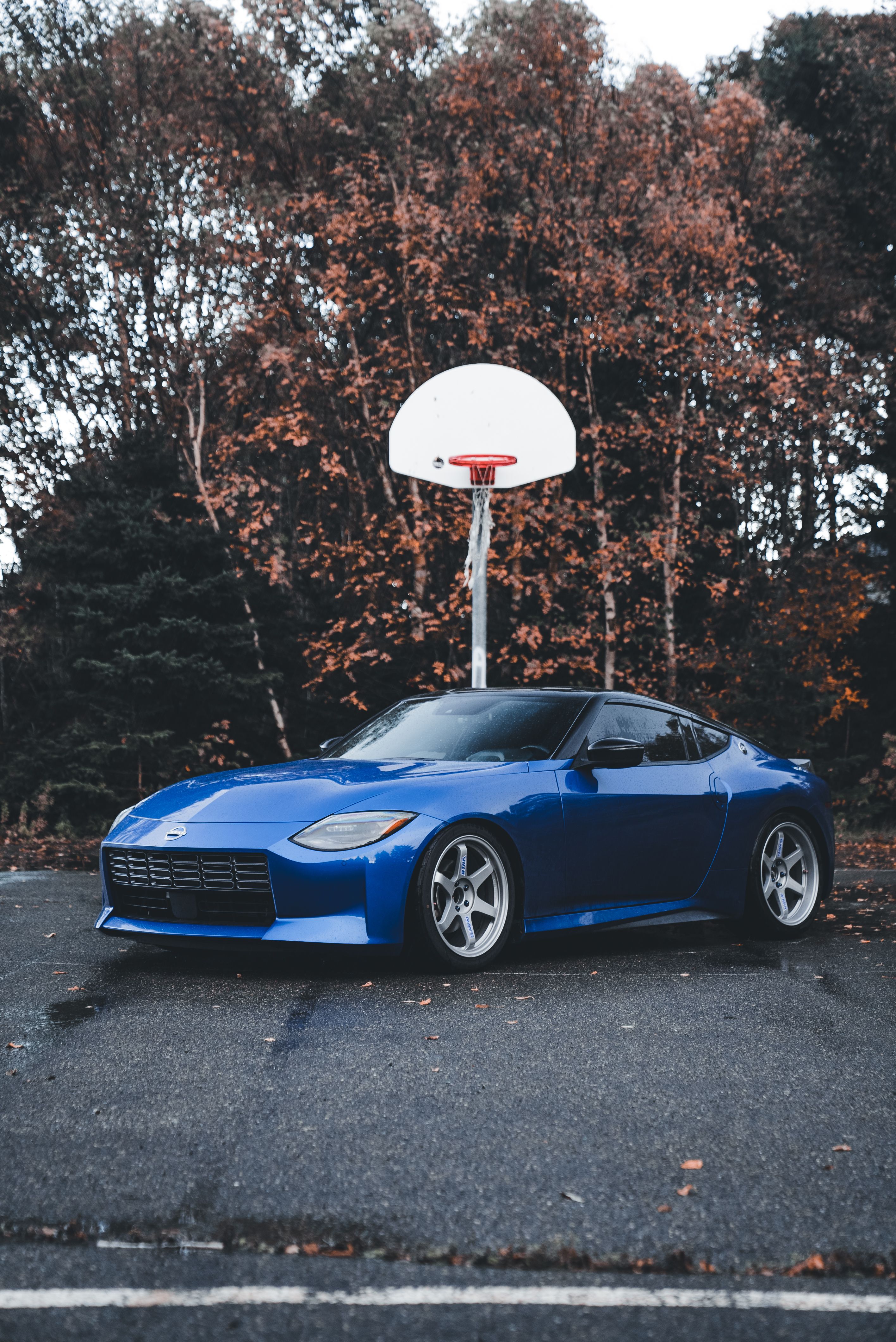 Vibrant Blue Sports Car on Basketball Court · Free Stock Photo
