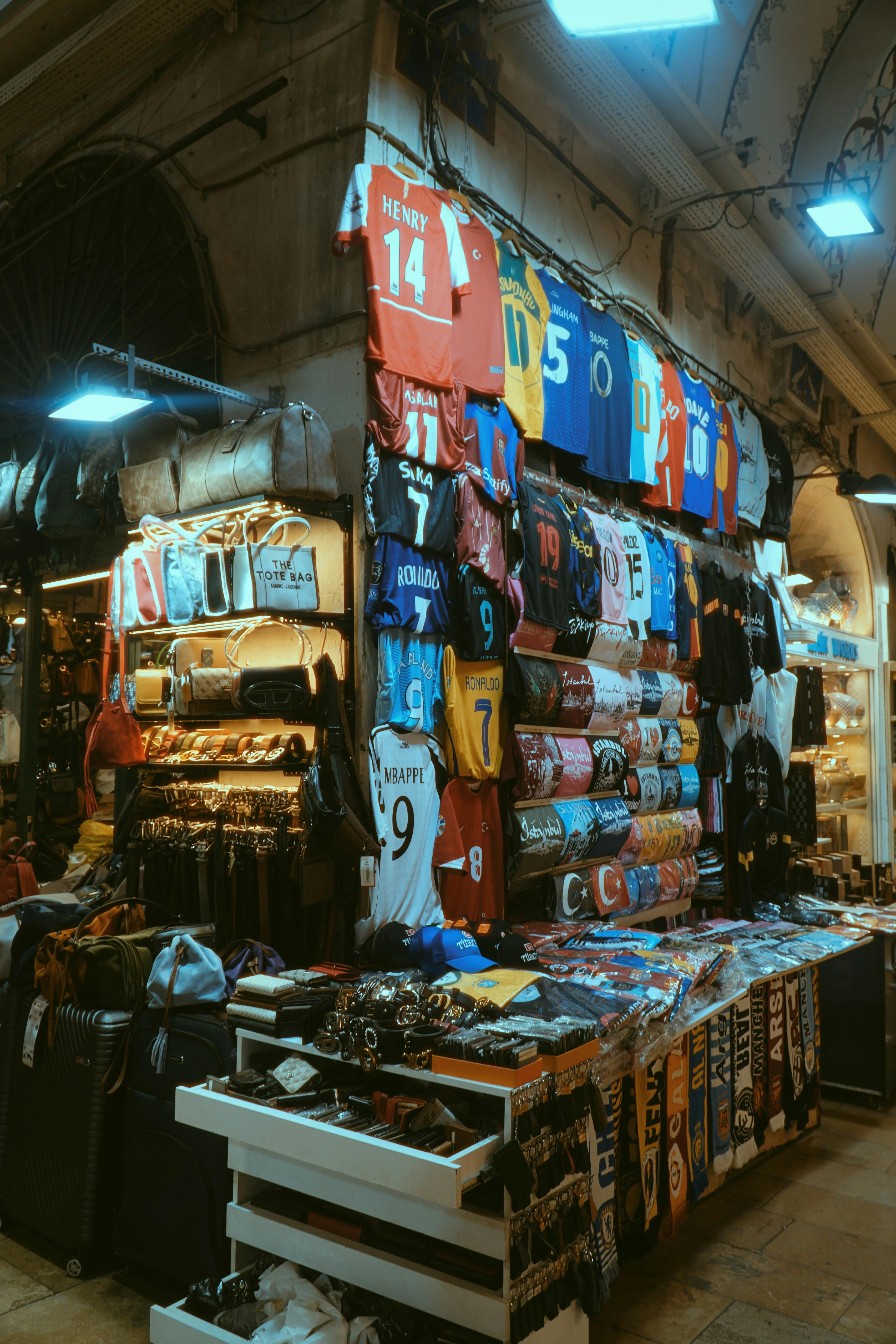 Colorful Istanbul Market Stall with Jerseys · Free Stock Photo