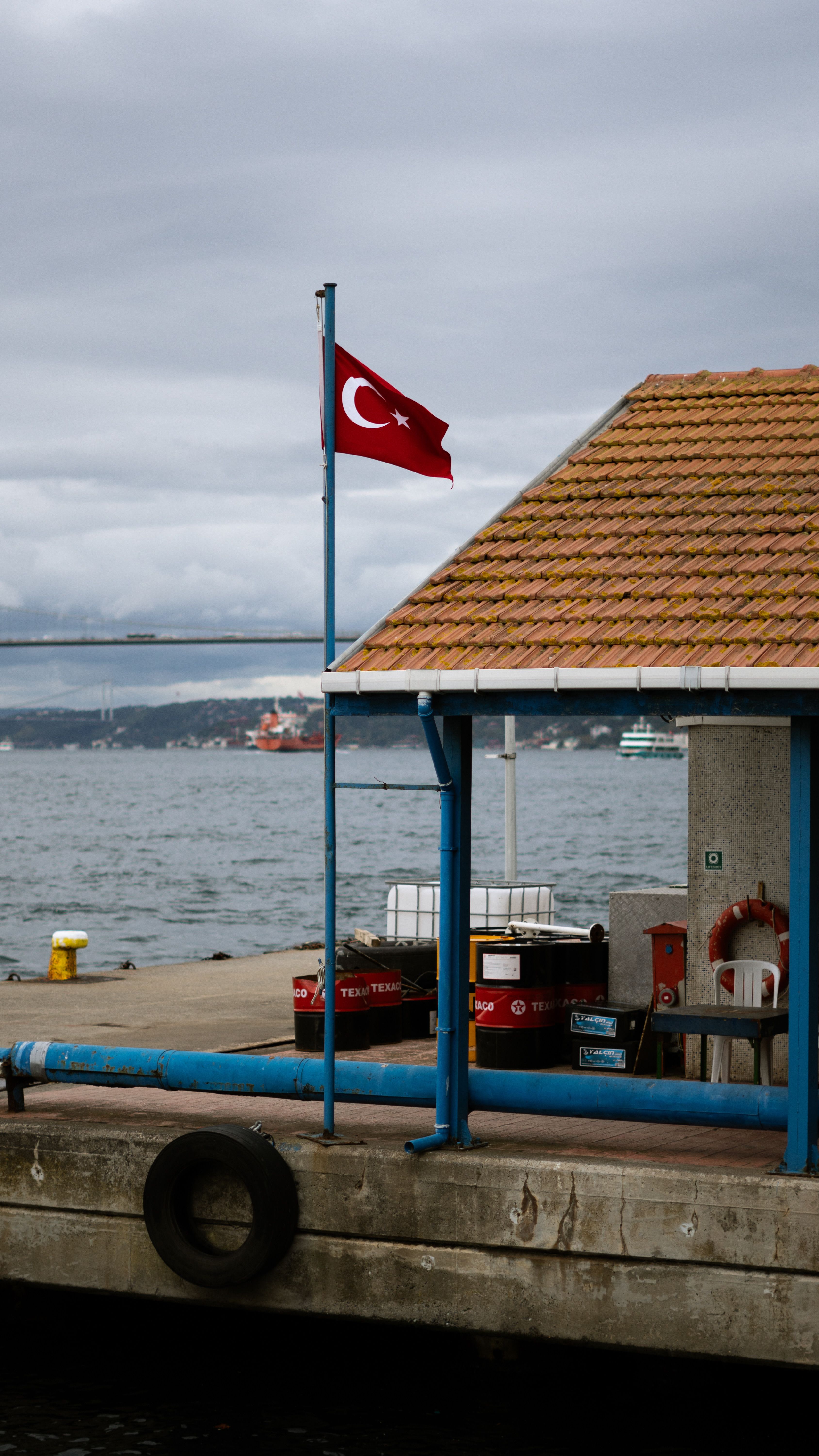 Drapeau Turc Près Du Quai Du Front De Mer Sous Un Ciel Nuageux · Photo ...