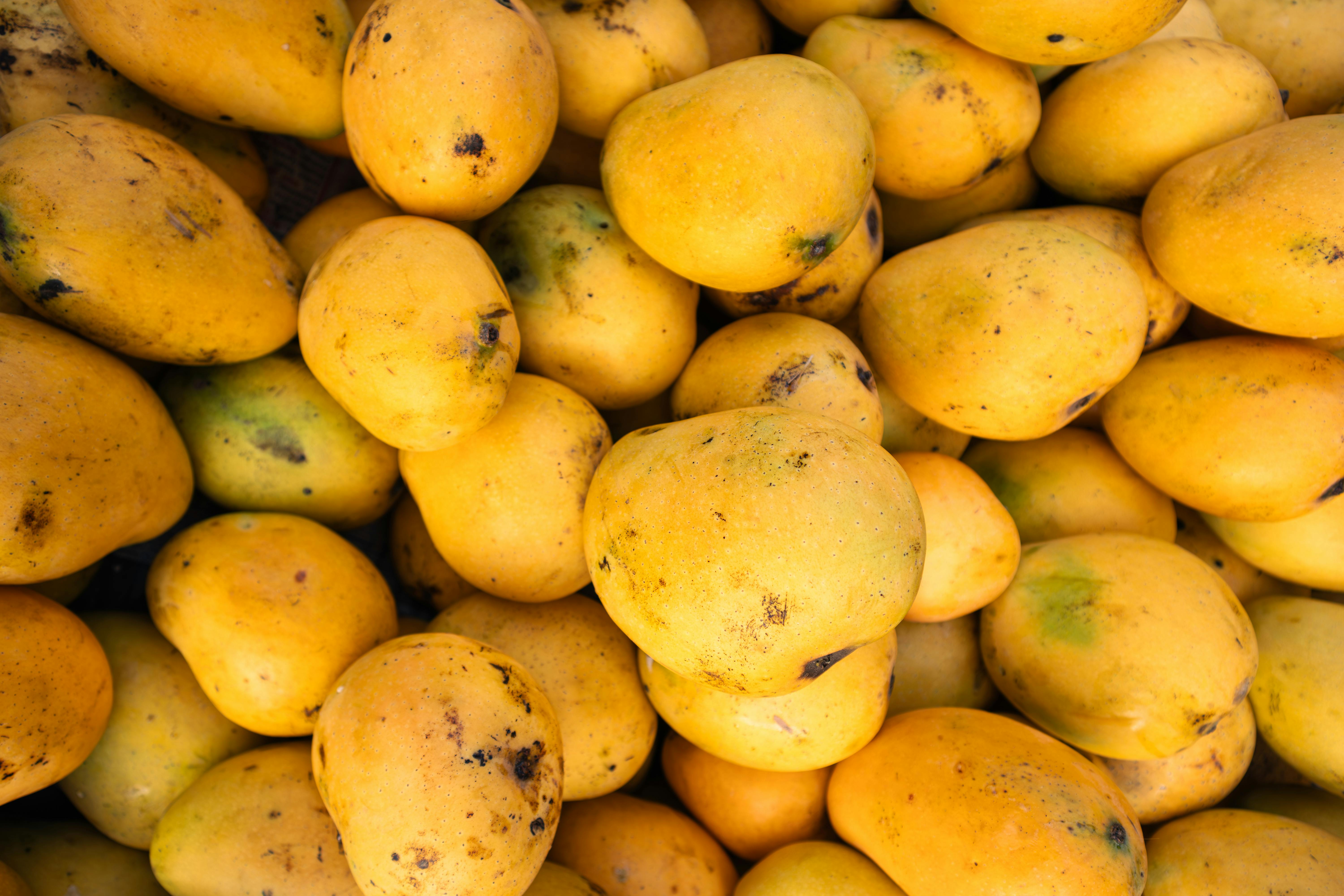 Primer Plano De Mangos Indios Maduros Sobre Fondo Amarillo · Foto de ...