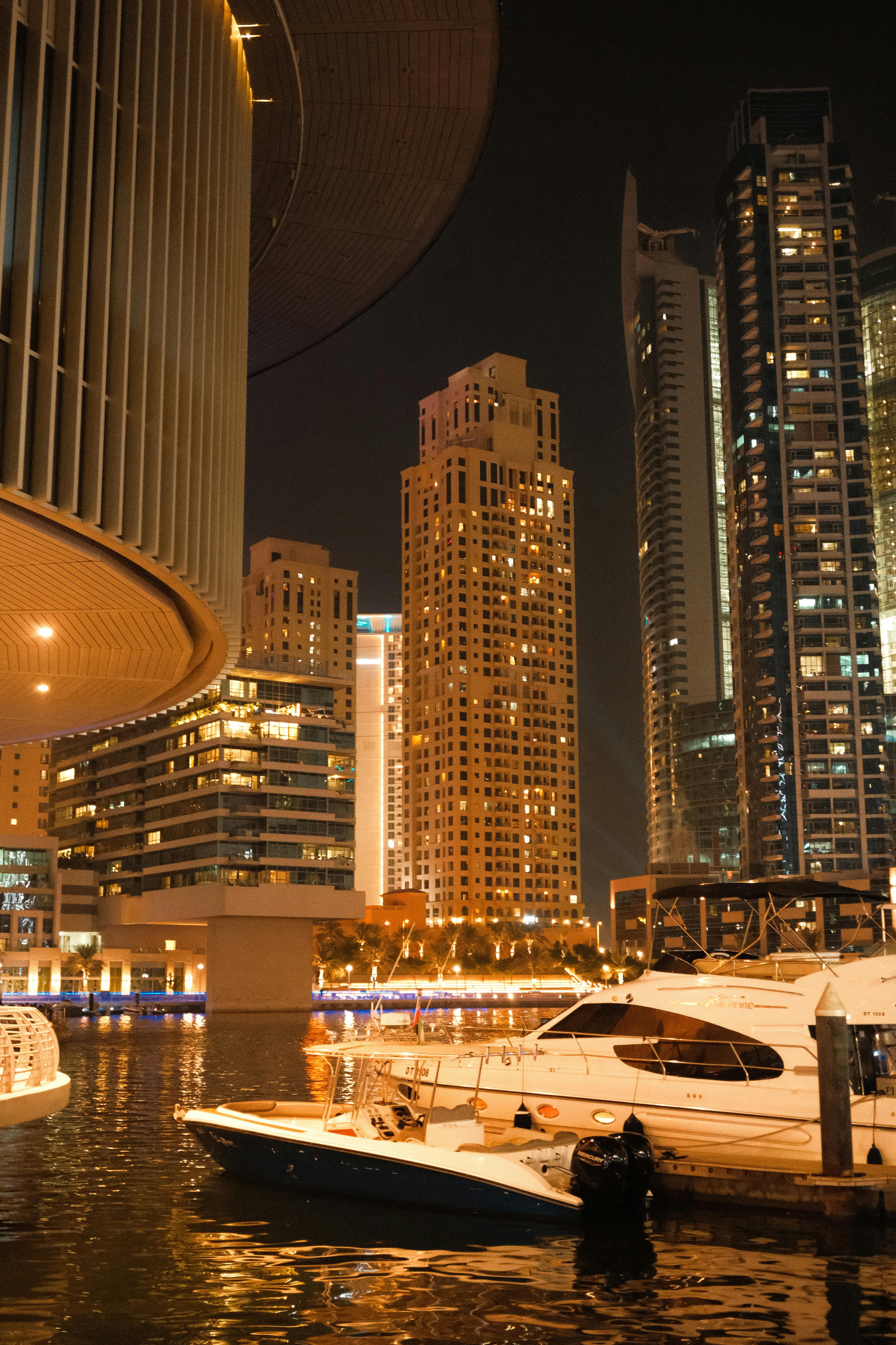 Dubai Marina Nightscape with Luxury Yachts · Free Stock Photo