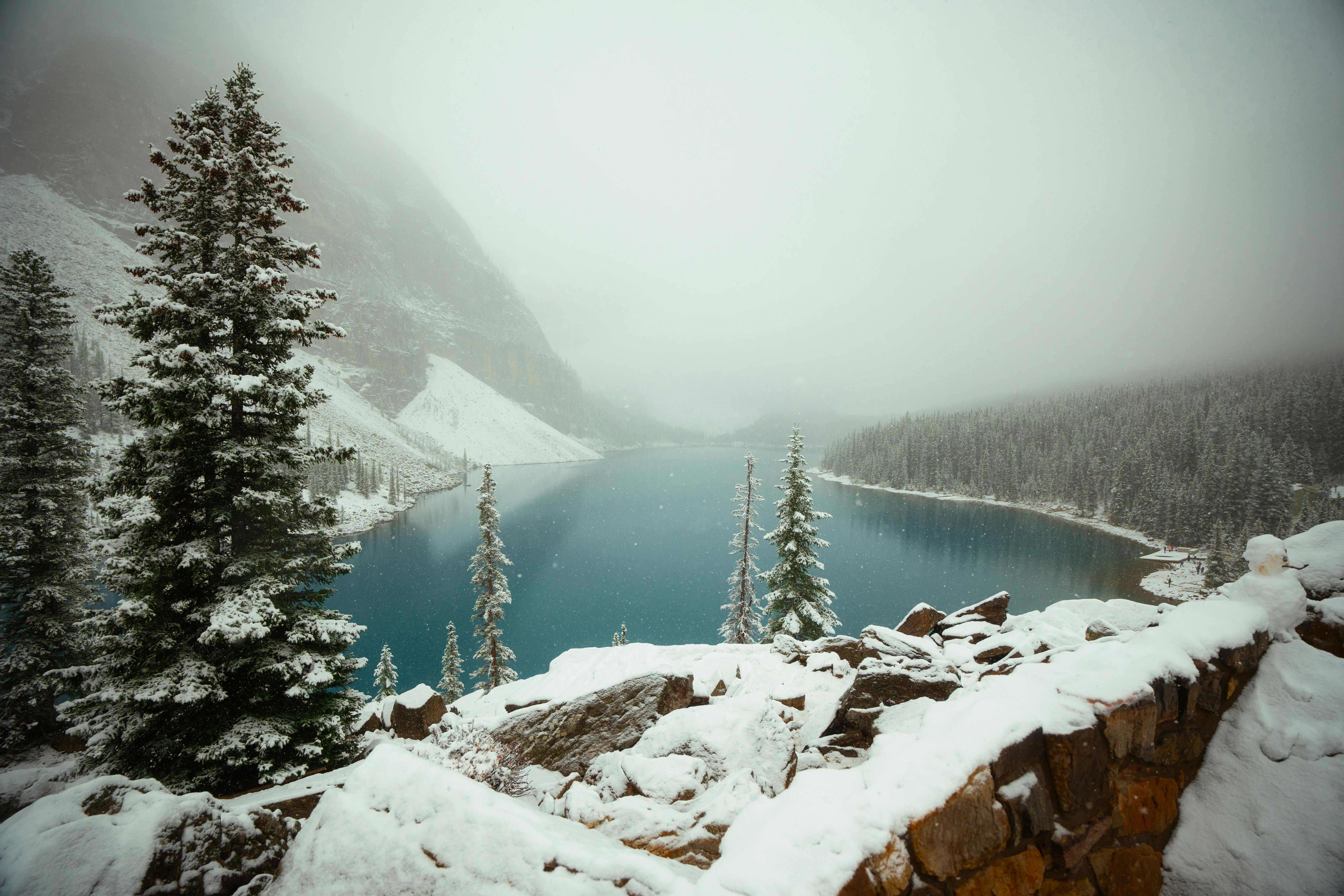 Lago Cubierto De Nieve Y Pinos En Un Paraíso Invernal · Foto de stock ...