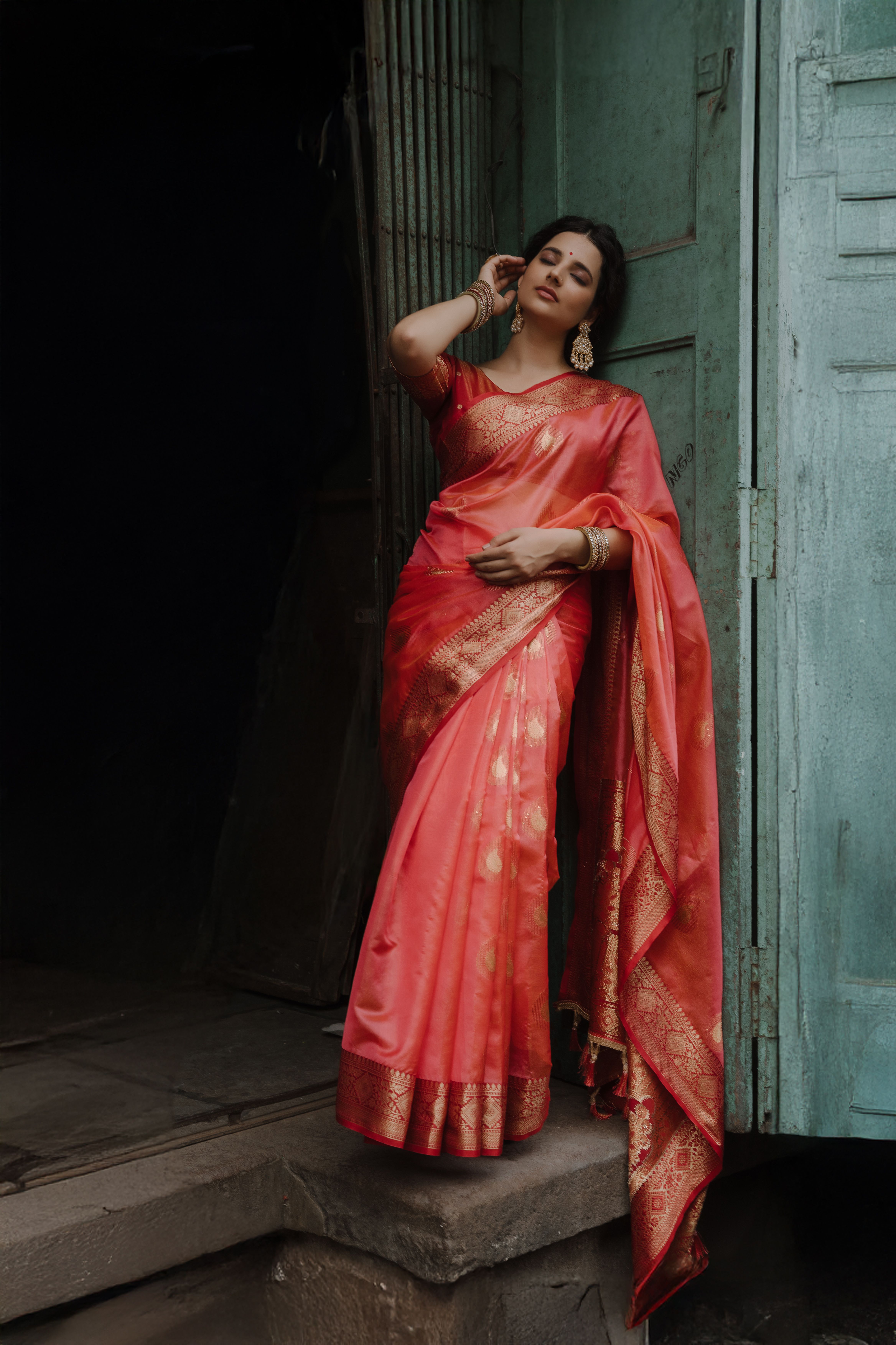 Elegant Woman in Traditional Red Saree Poses Gracefully · Free Stock Photo