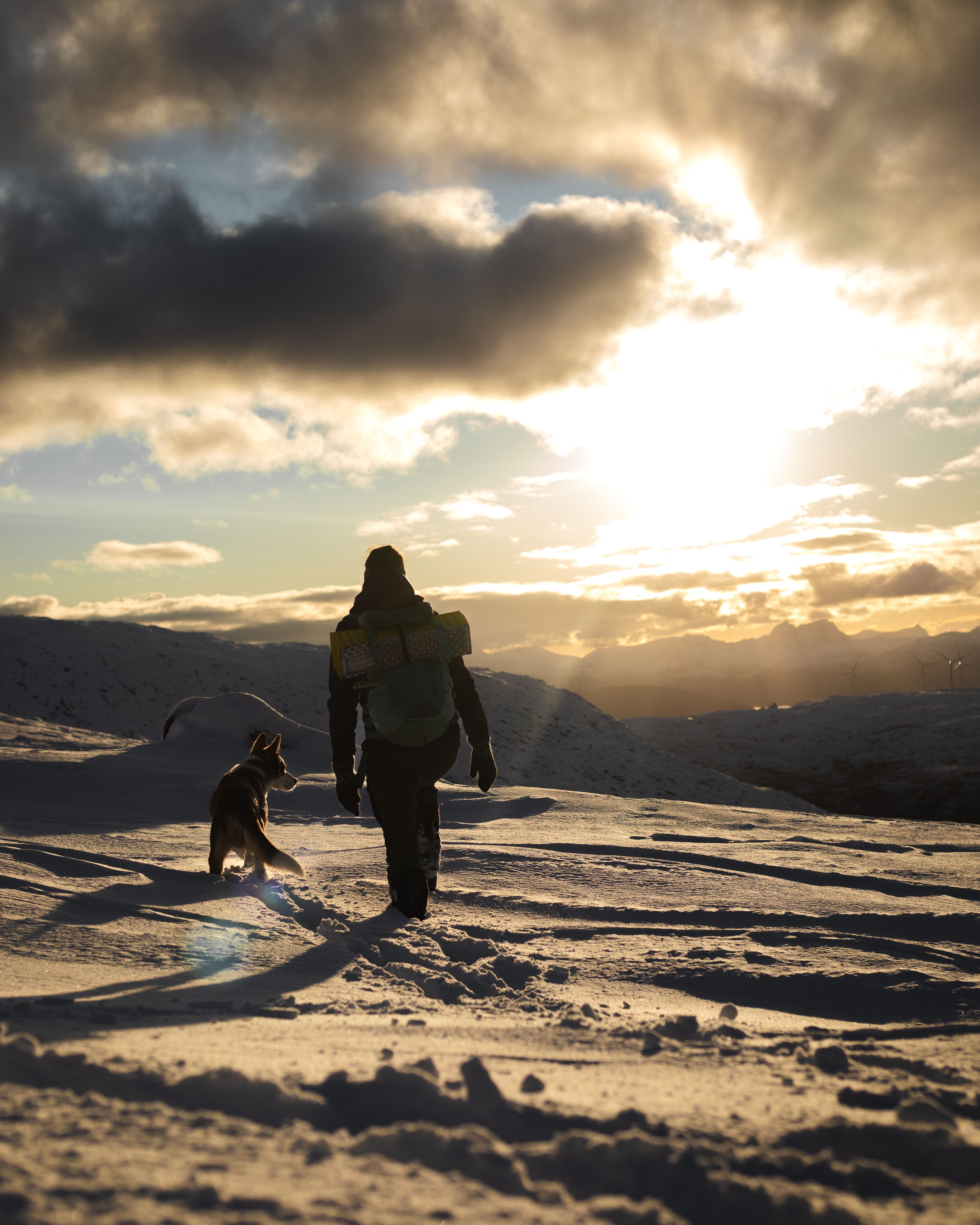 Adventurer and Dog Hiking at Sunset in Snowy Mountains · Free Stock Photo