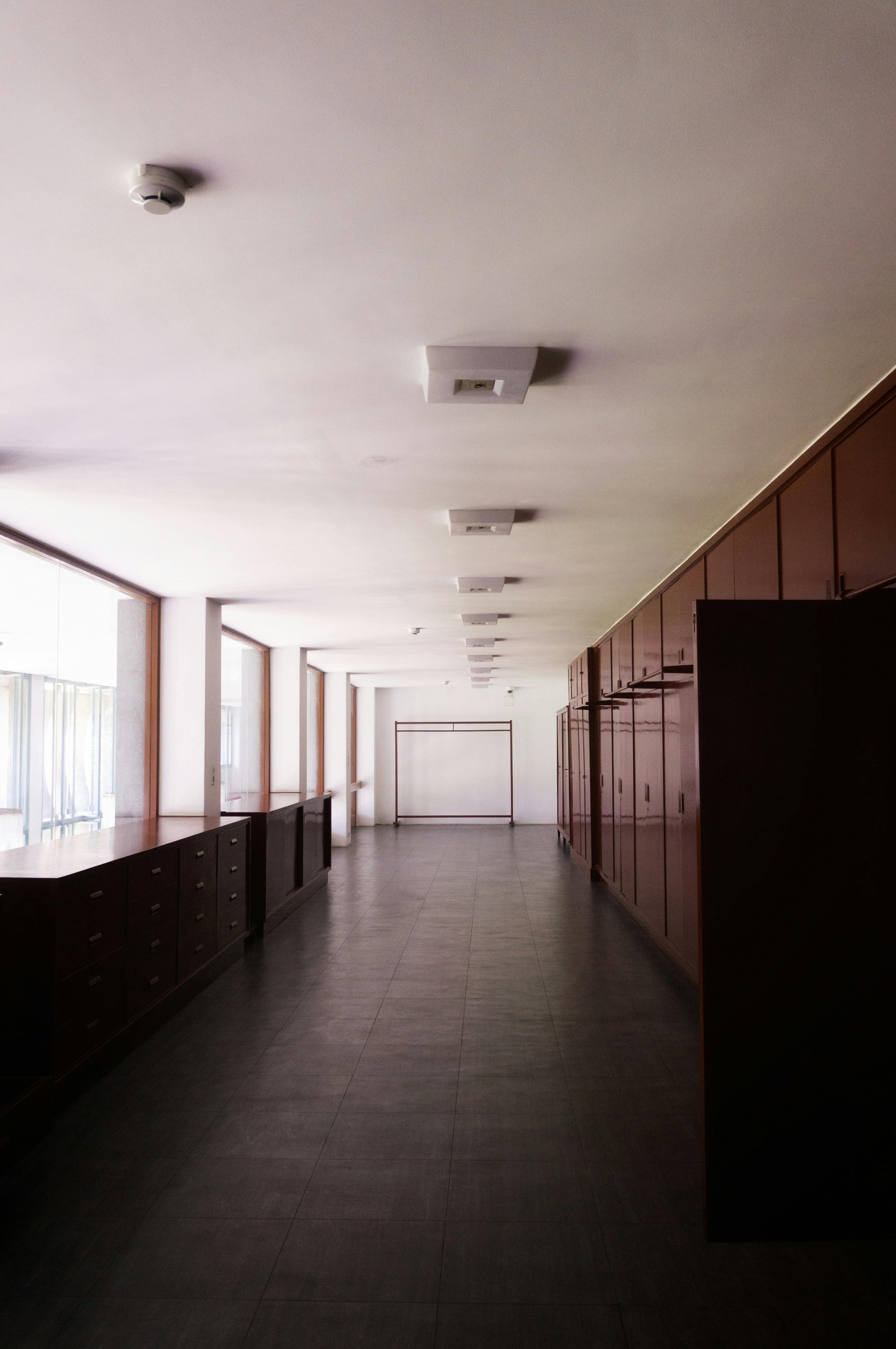 Minimalist Museum Hallway with Wooden Cabinets · Free Stock Photo