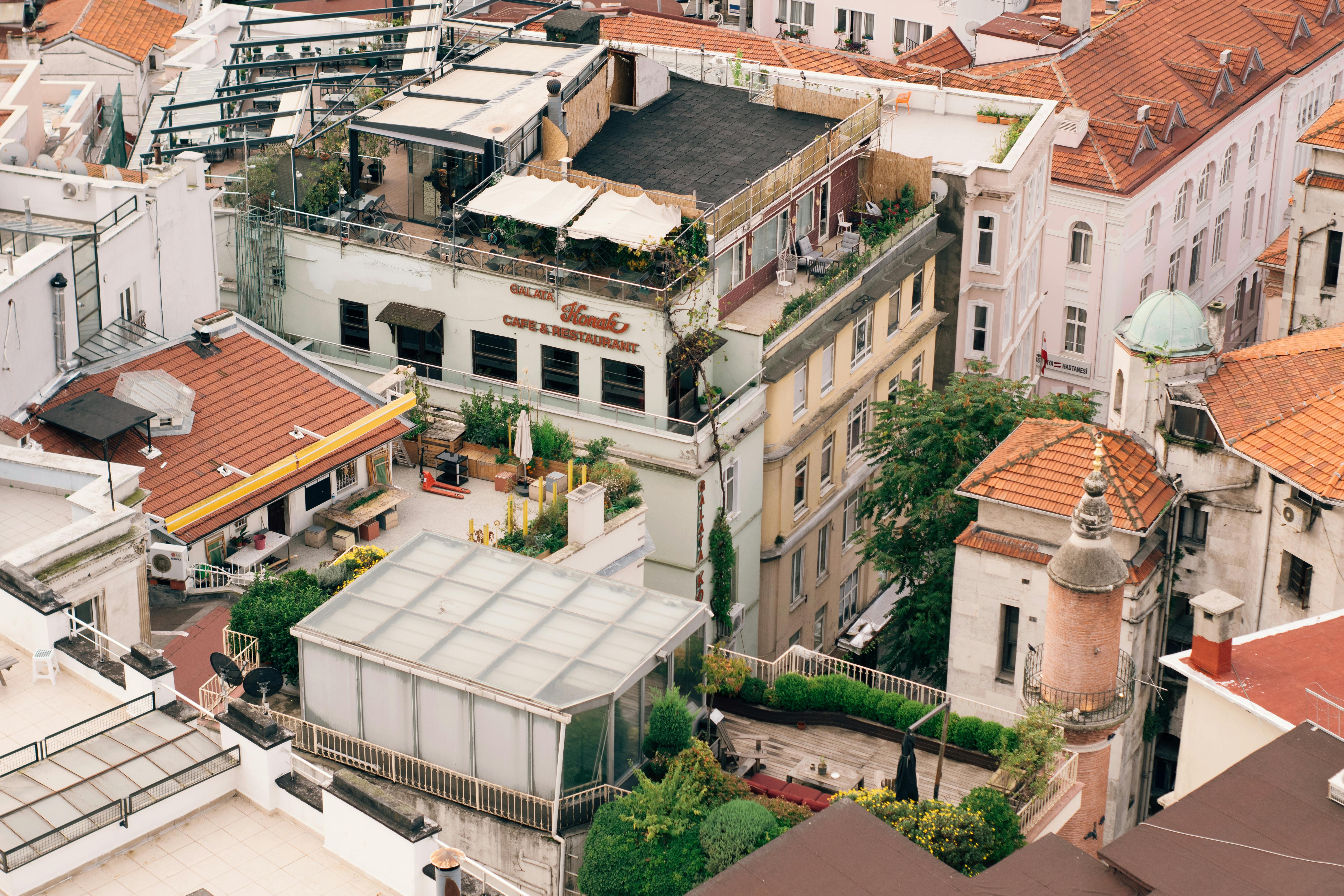 Aerial view of European city rooftop gardens · Free Stock Photo