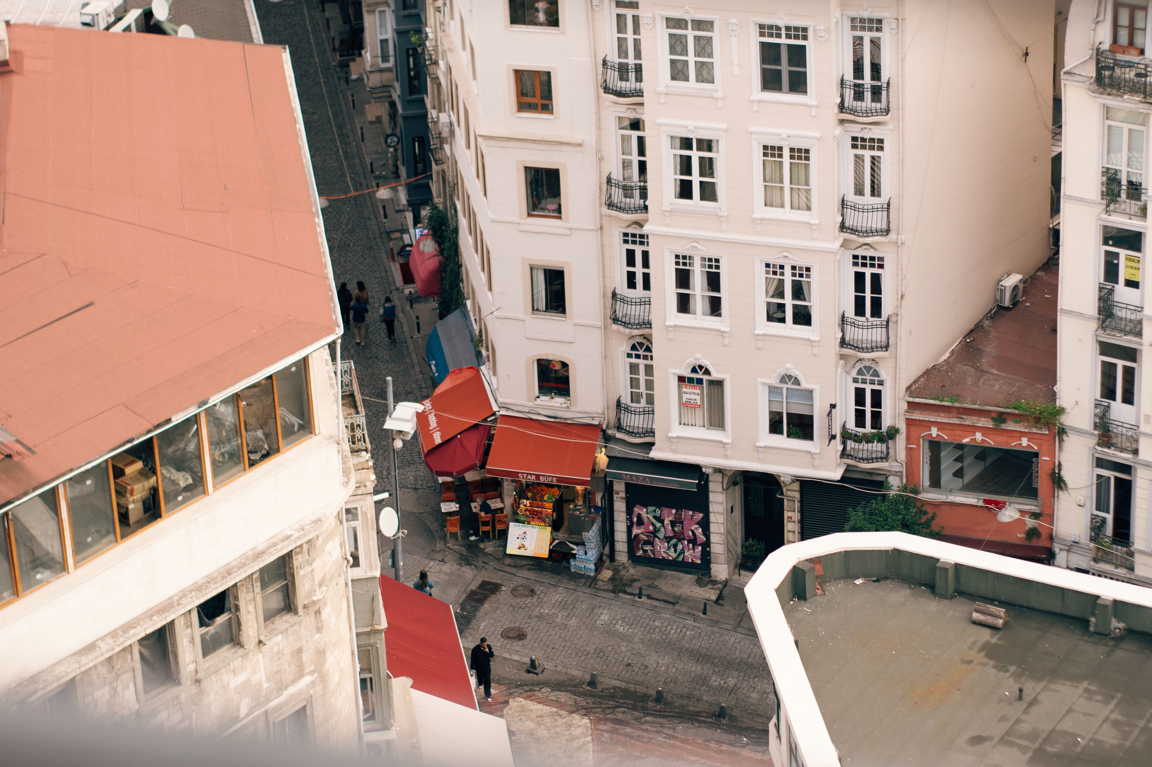 Aerial view of European city street and buildings · Free Stock Photo