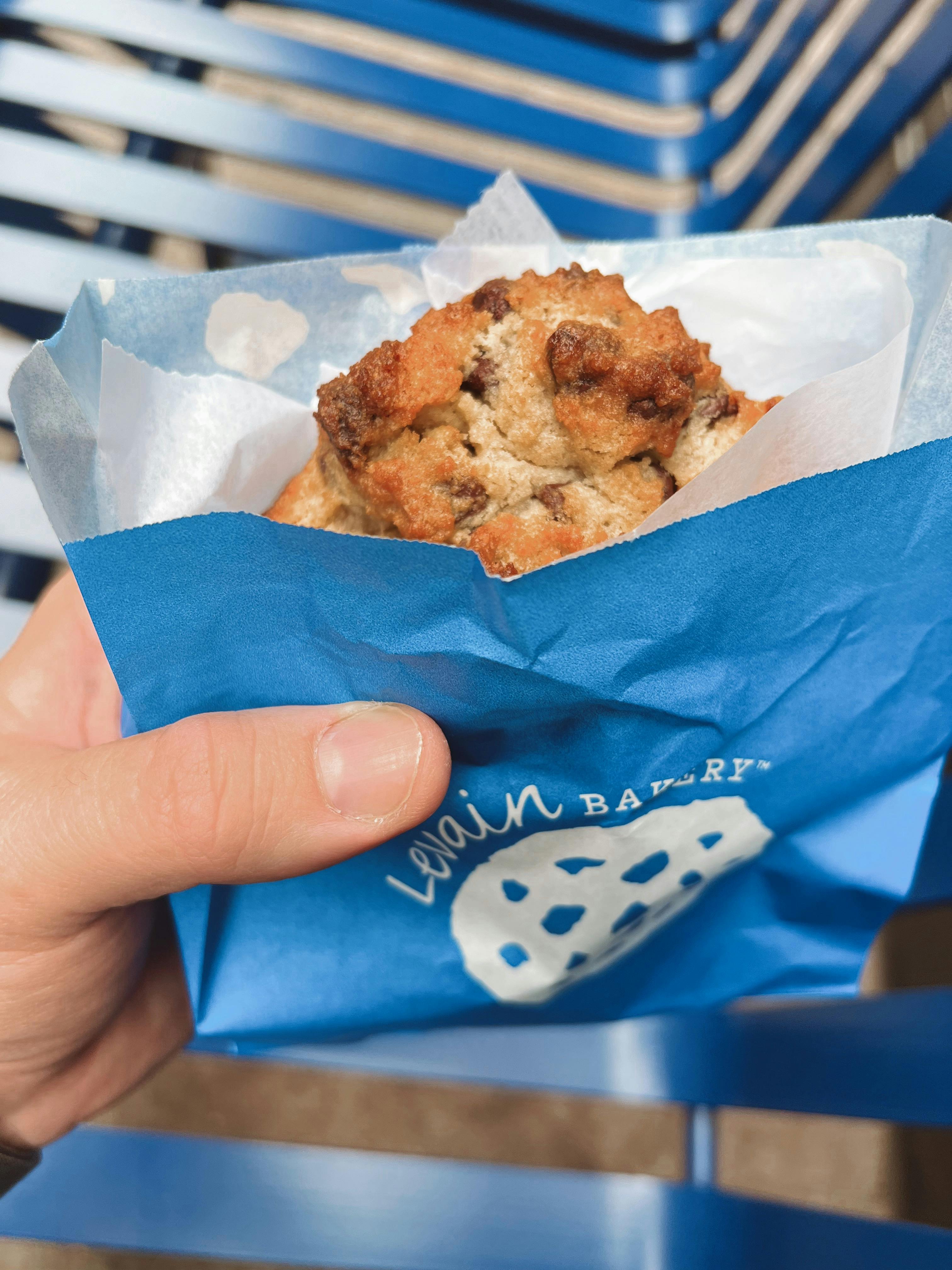 Delicious Chocolate Chip Cookie in Blue Bakery Wrapper · Free Stock Photo