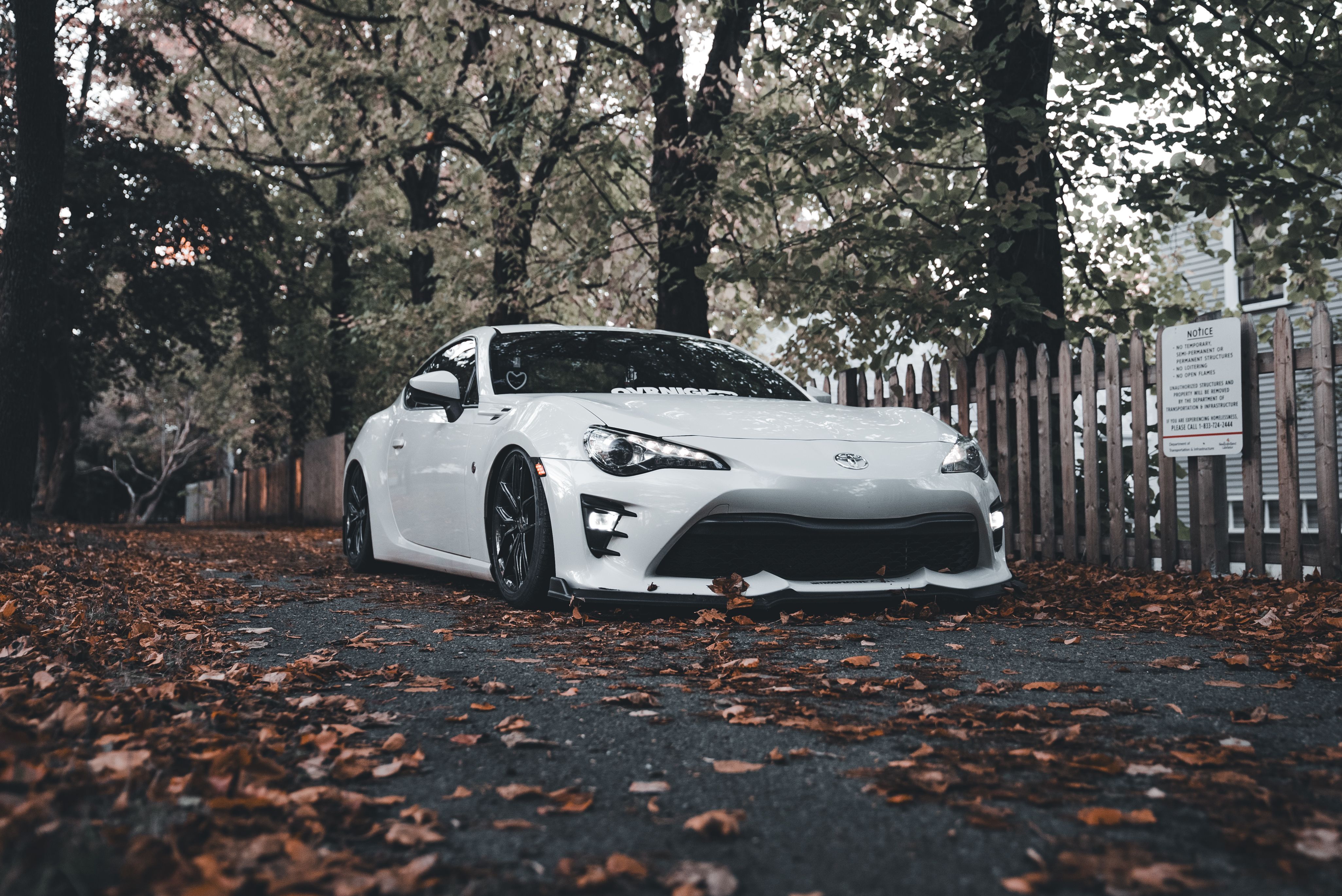 Sleek White Car Parked in Autumn Leafy Driveway · Free Stock Photo