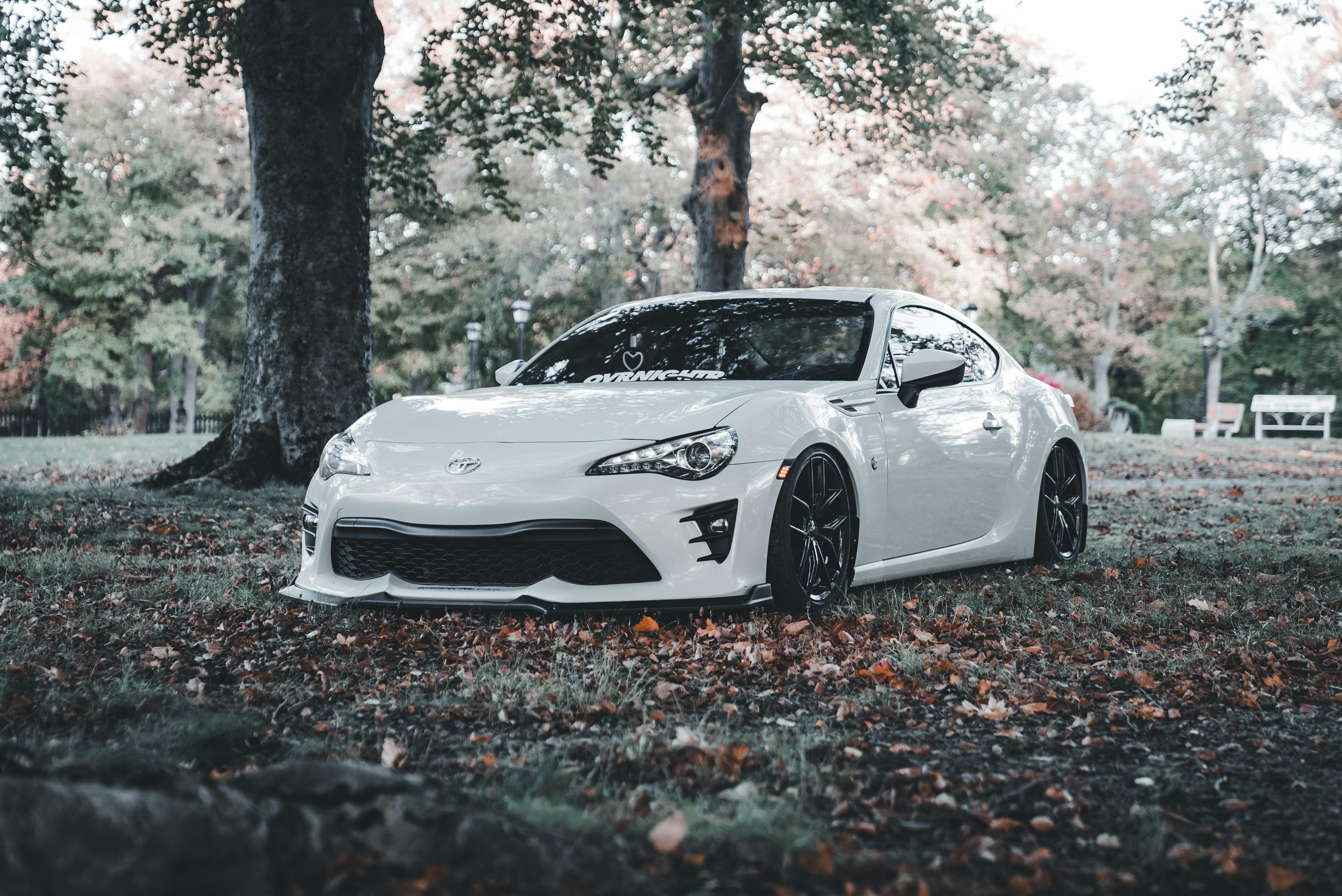 Un Elegante Coche Deportivo Blanco En Un Parque Otoñal · Foto de stock ...