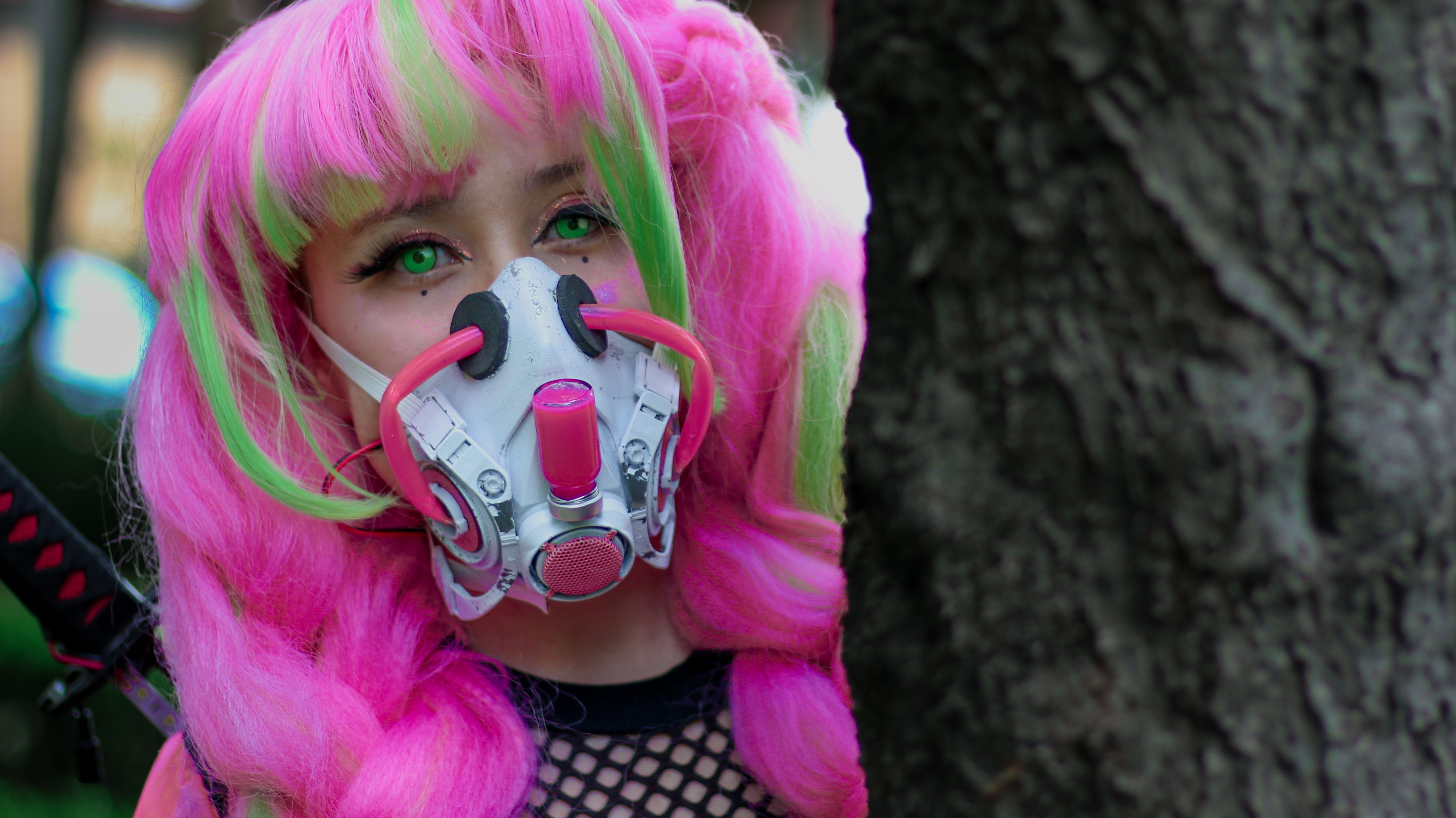 Vibrant Anime Cosplay with Gas Mask Outdoors · Free Stock Photo