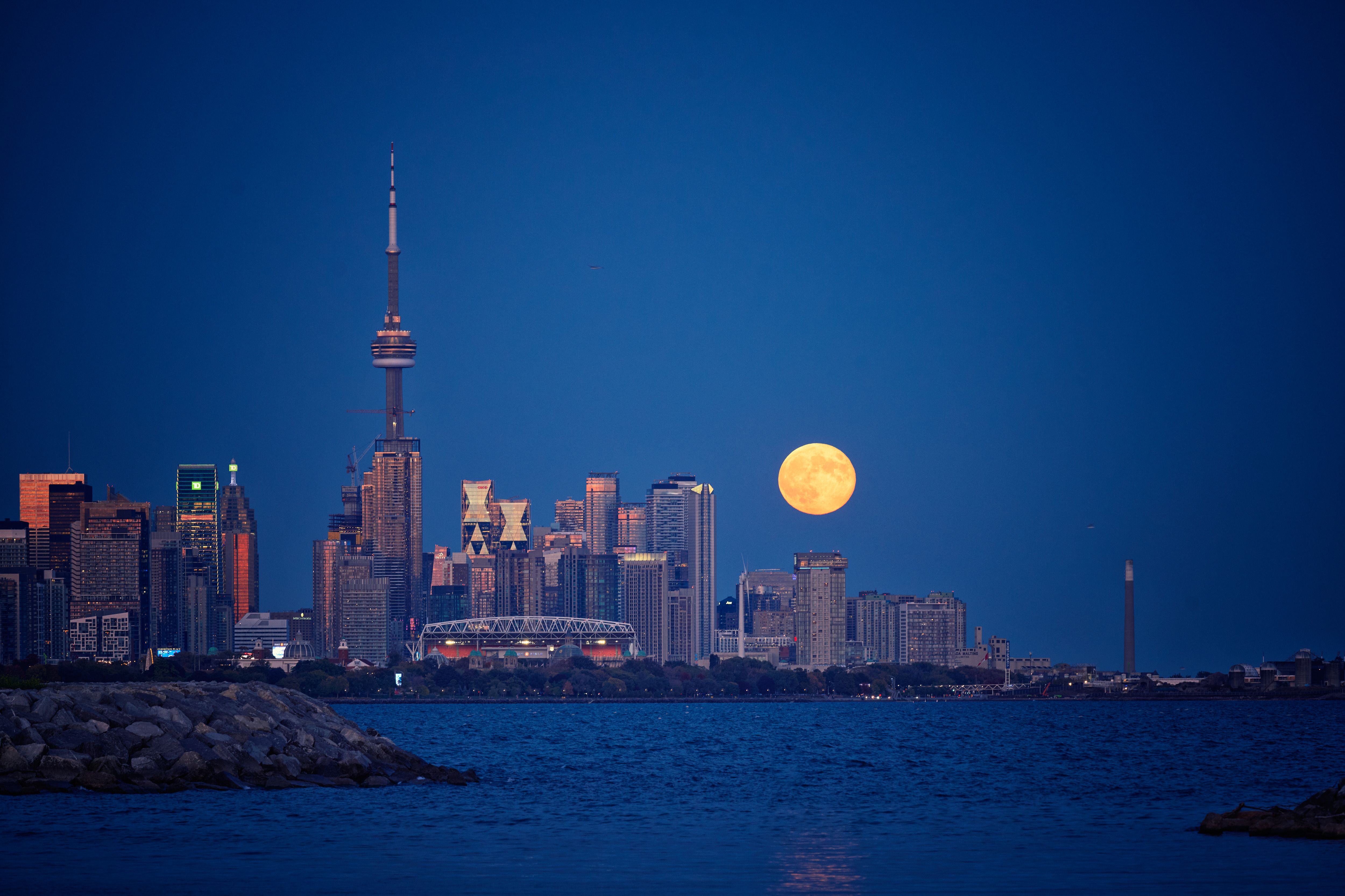 Luna Llena Sobre El Horizonte De Toronto Por La Noche · Foto de stock ...