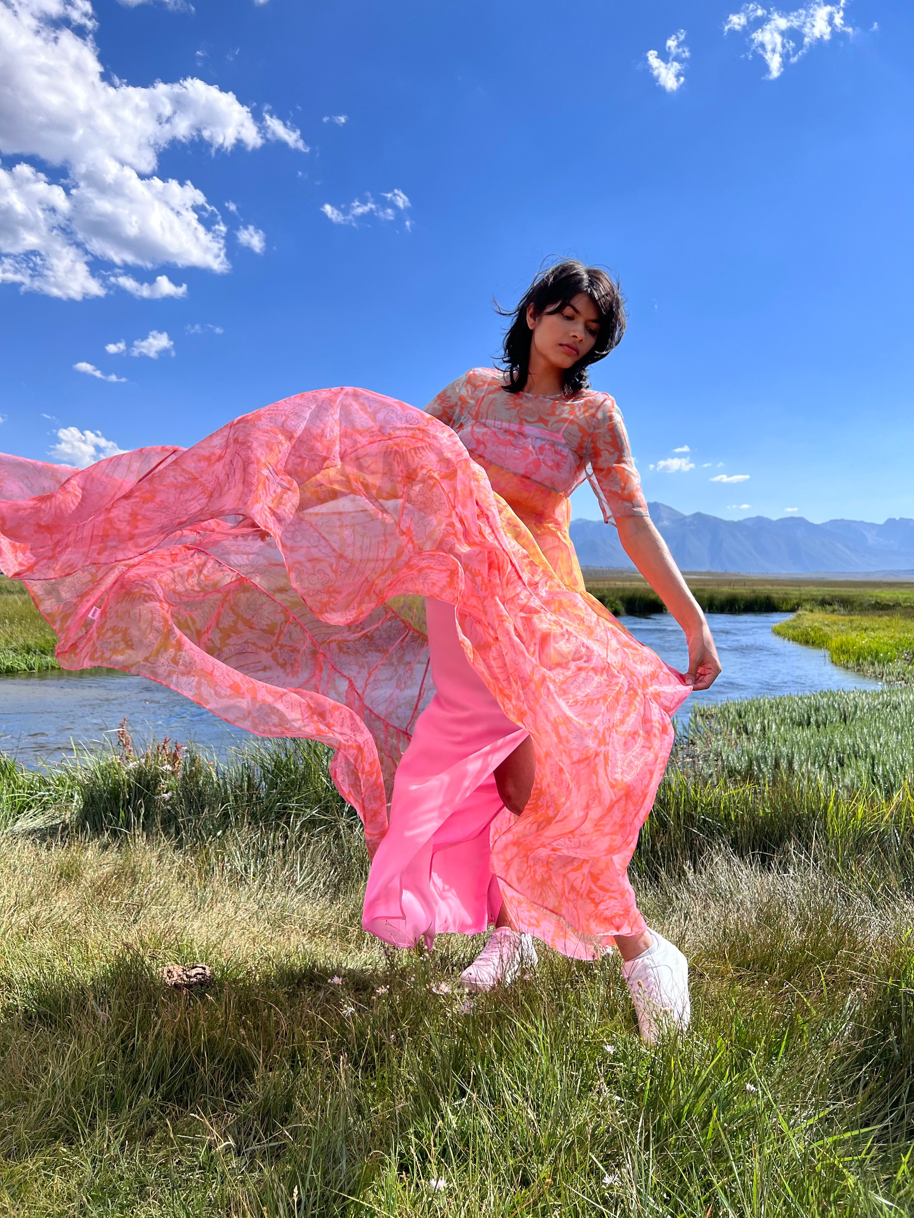 Elegant Woman in Flowing Pink Dress Outdoors · Free Stock Photo