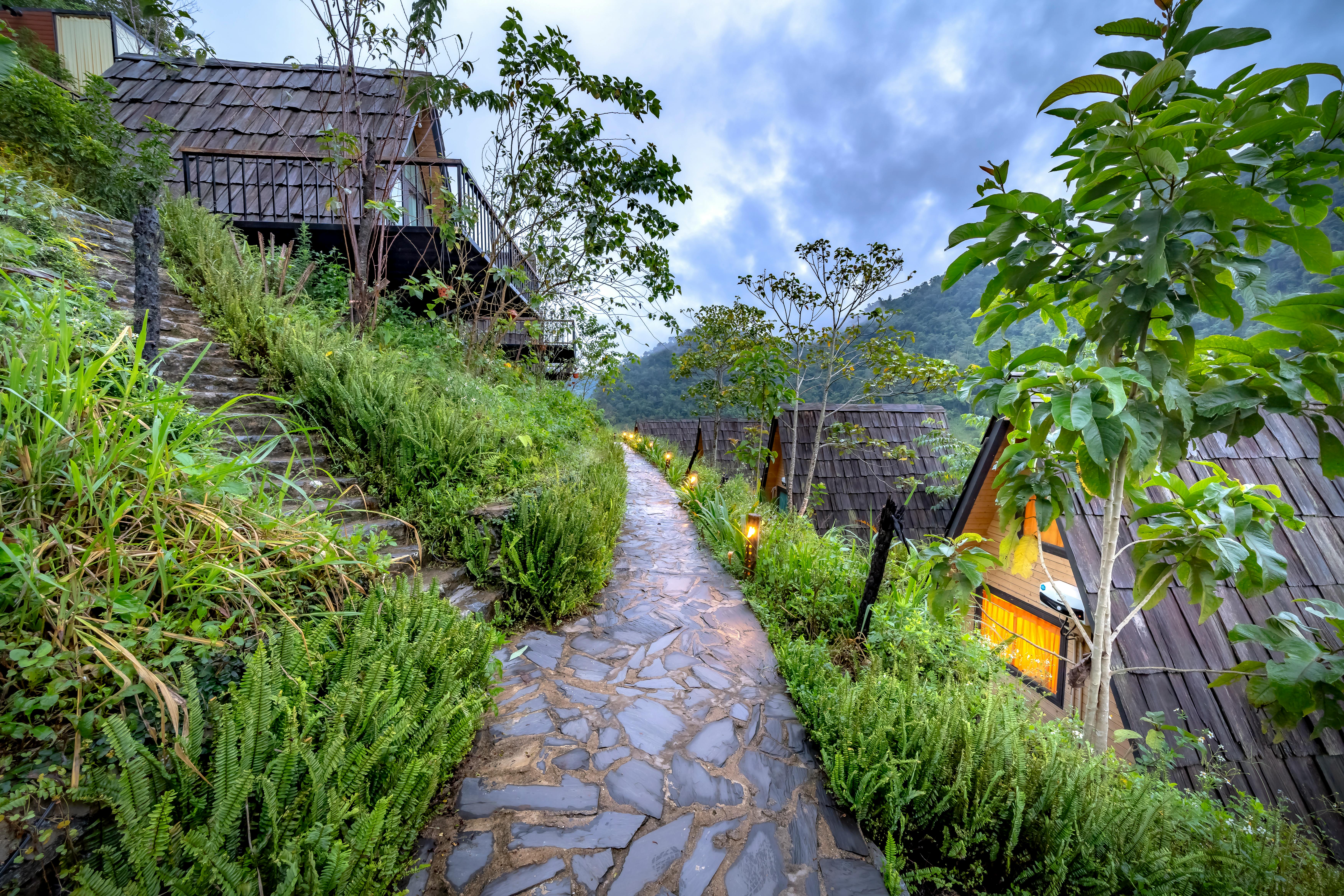 Charming Mountain Cabins with Lush Pathway Landscape · Free Stock Photo