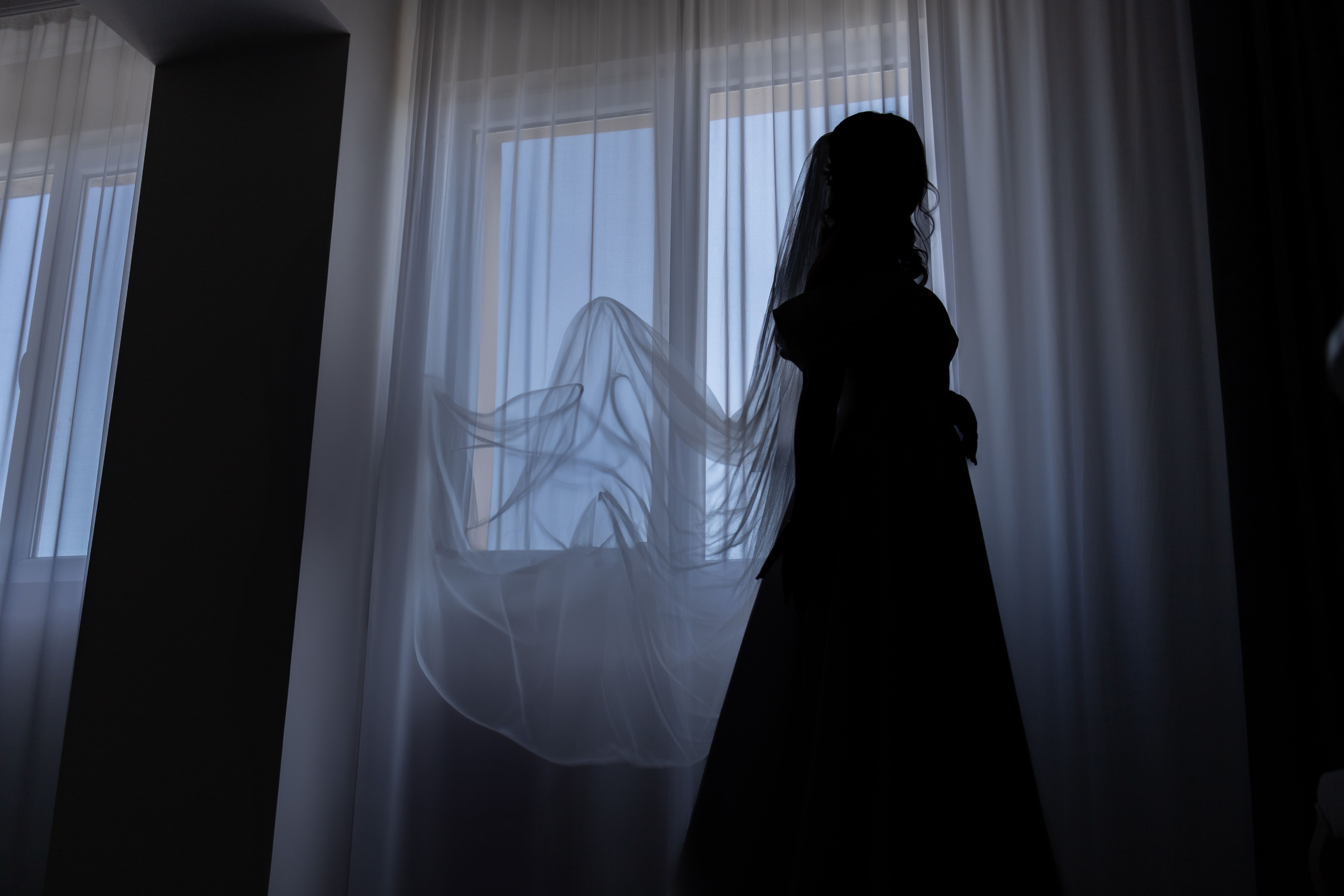 Silhouette of a Bride by a Window with Flowing Veil · Free Stock Photo